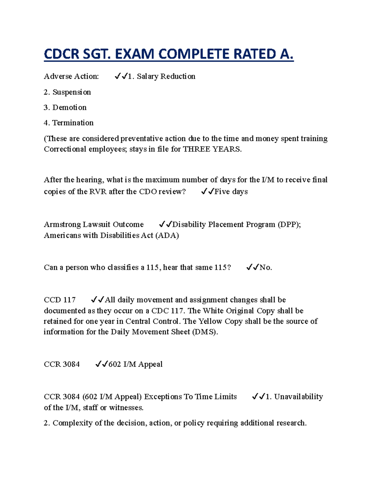 CDCR 3 - Complete Guide. - CDCR SGT. EXAM COMPLETE RATED A. Adverse Action: 1. Salary Reduction ...