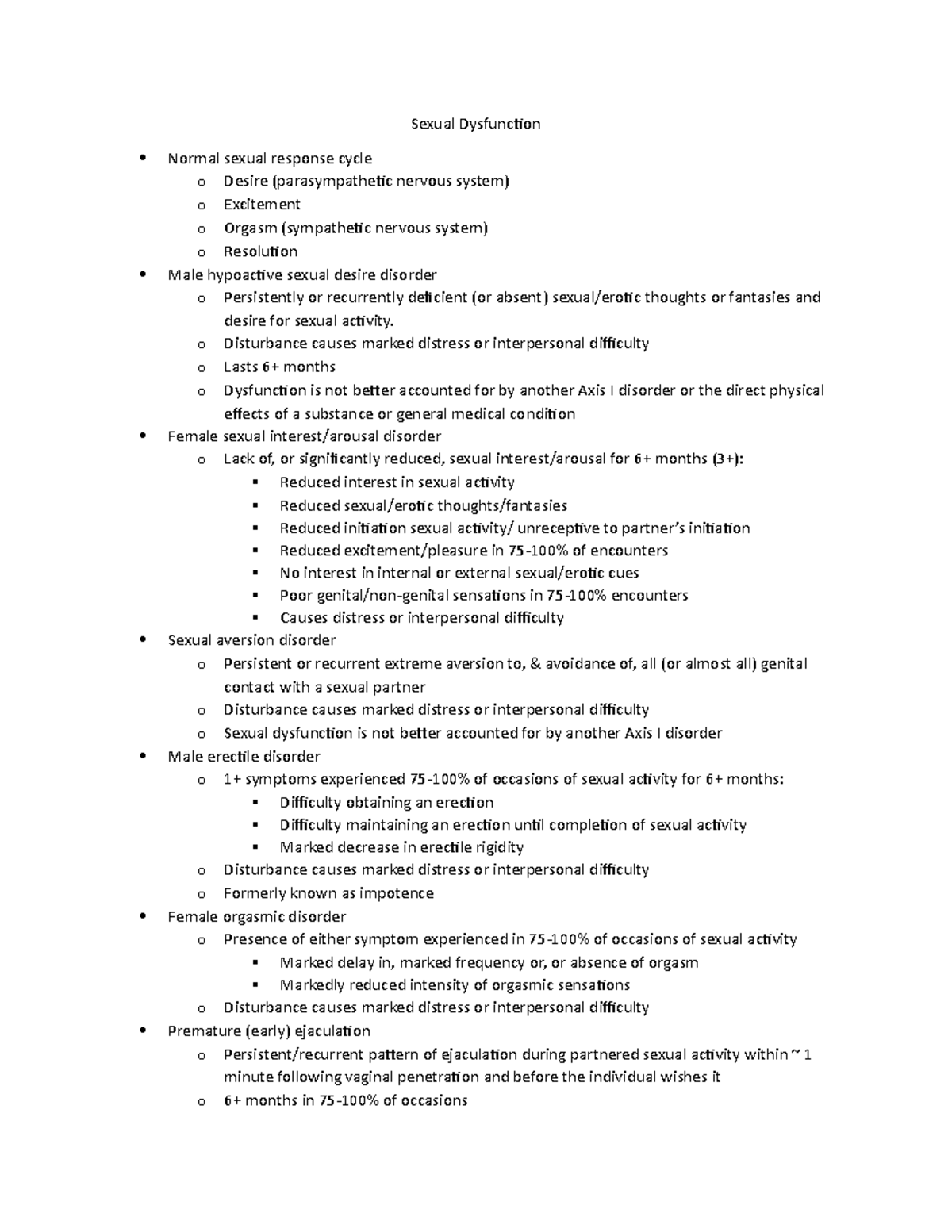 Sexual Dysfunction notes - Sexual Dysfunction Normal sexual response ...
