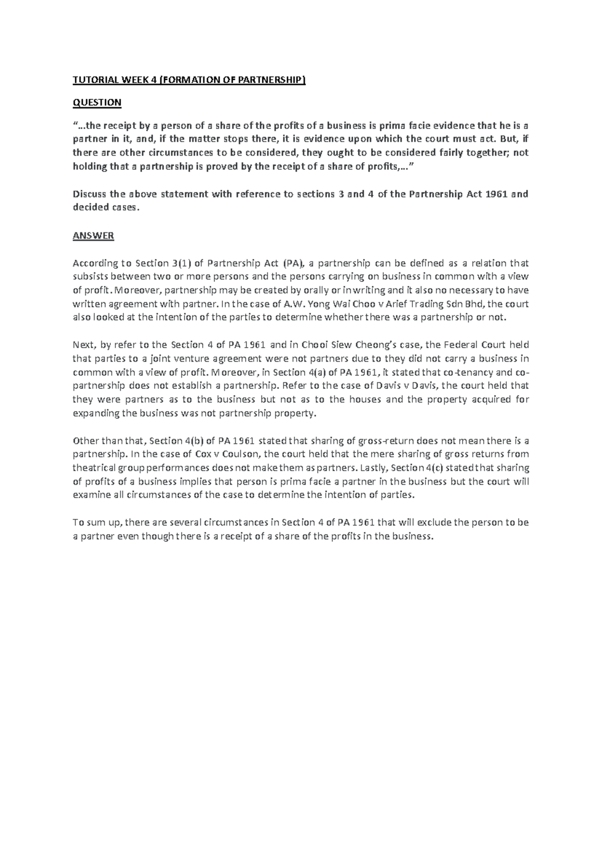 Formation of Partnership - TUTORIAL WEEK 4 (FORMATION OF PARTNERSHIP ...