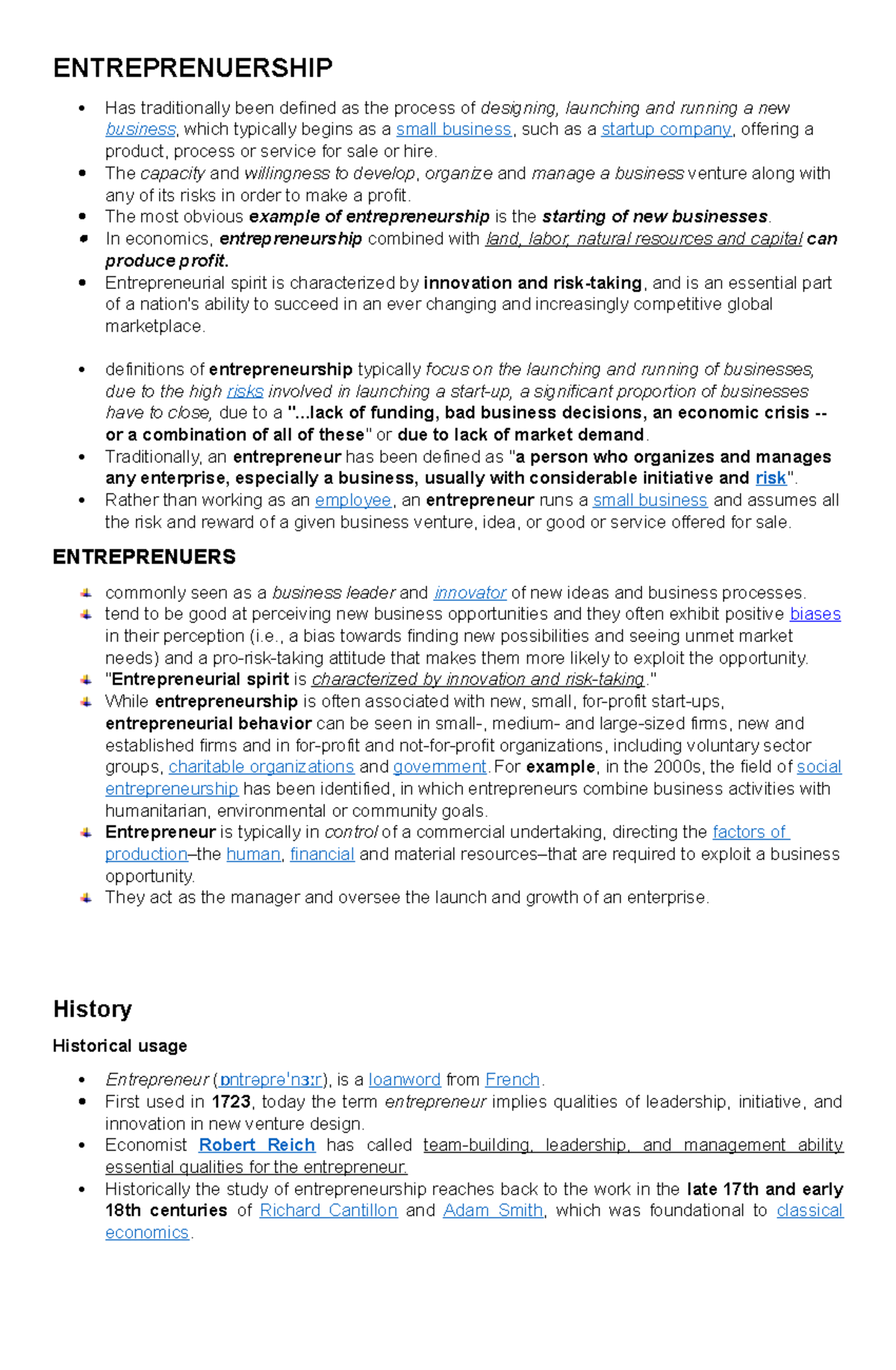Entreprenuership - lecture notes - ENTREPRENUERSHIP Has traditionally ...
