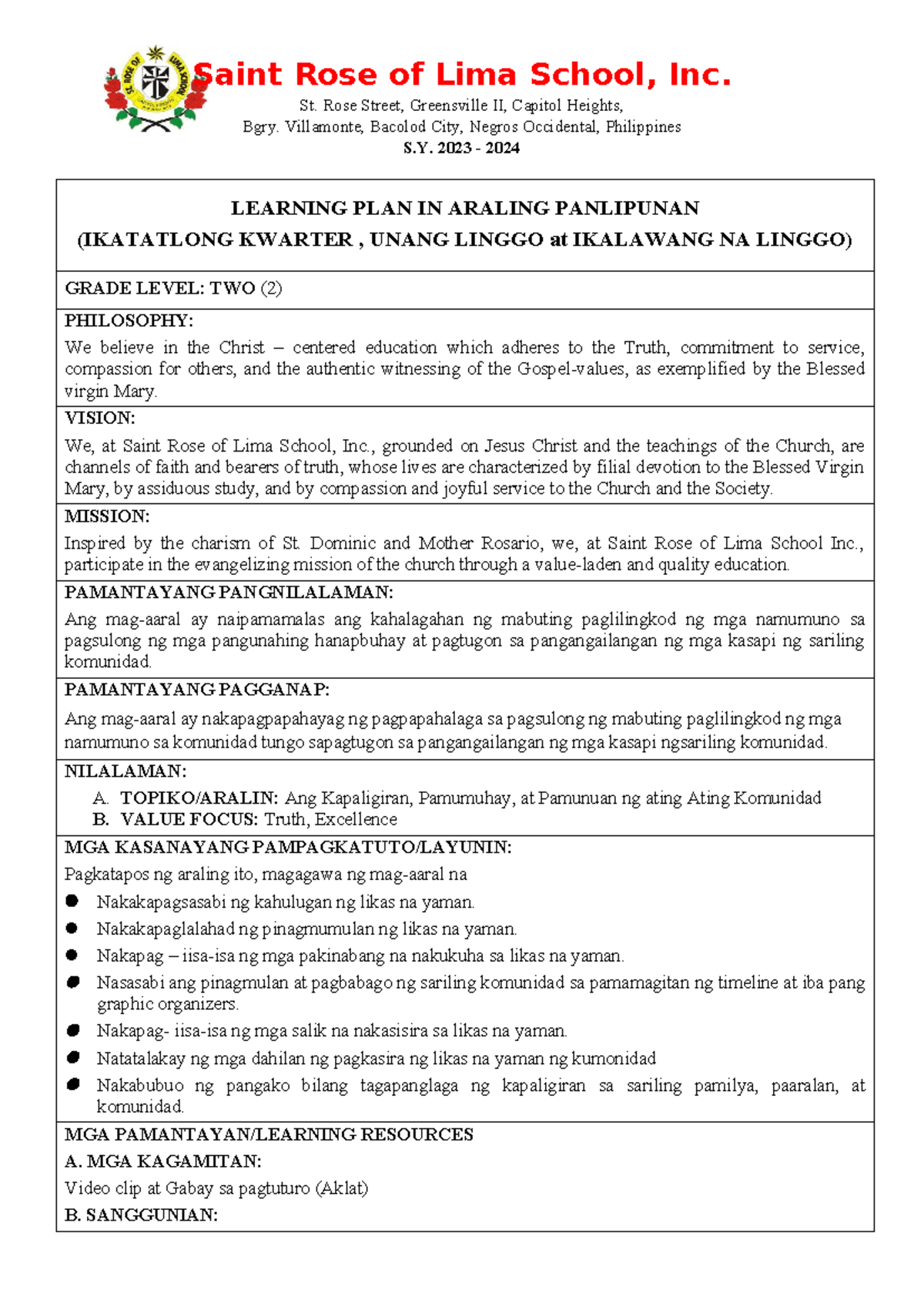 AP-2 LP-Q3, W1-7 - Saint Rose of Lima School, Inc. St. Rose Street ...
