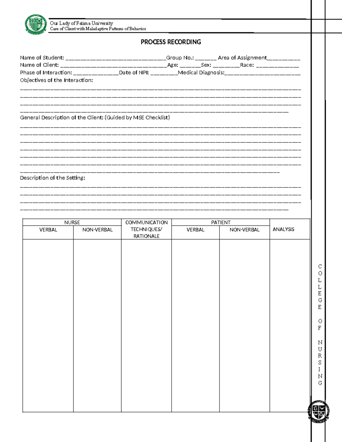 Revised-Process-Recording - C O L L E G E O F N U R S I N G Our Lady of ...