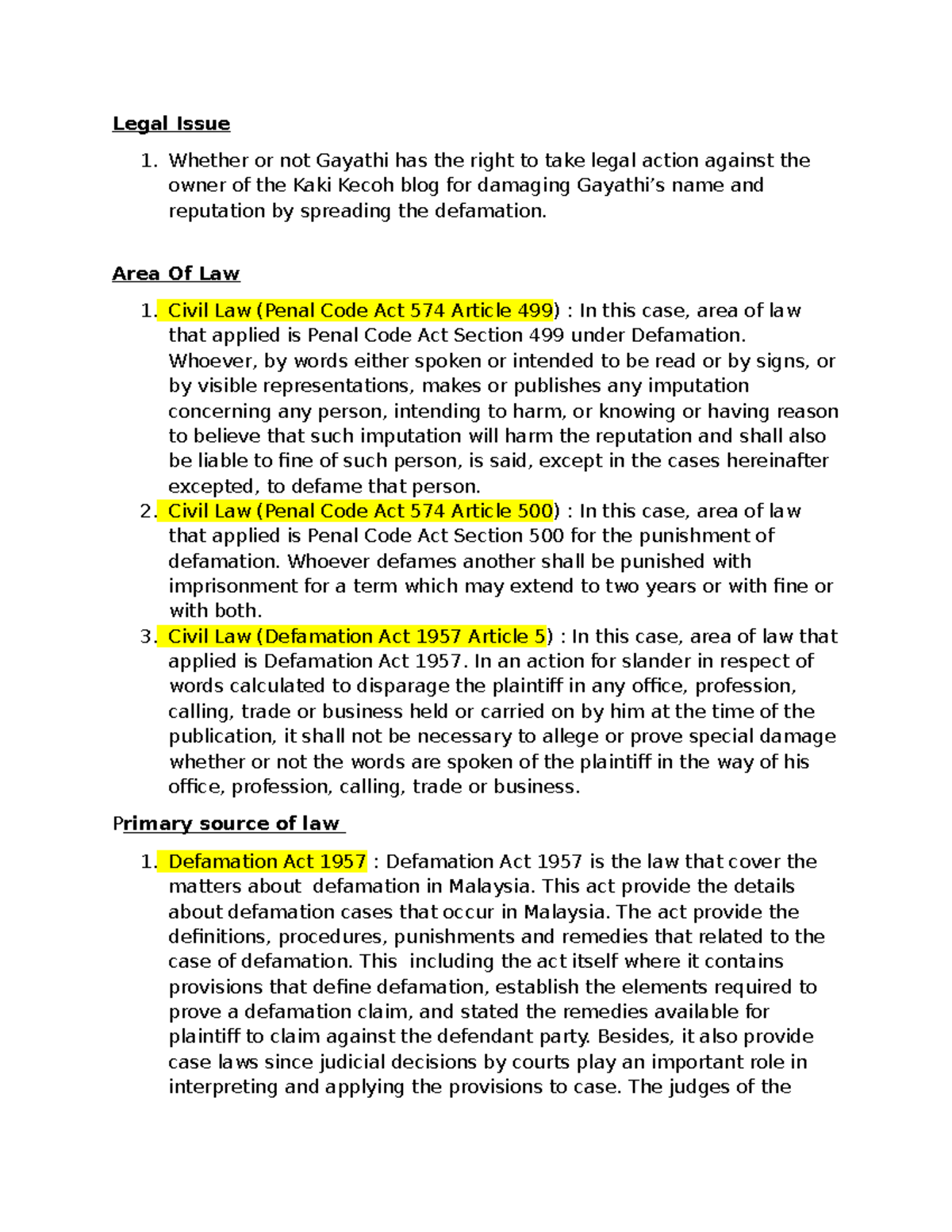 Legal Issue, AREA OF LAW AND Primary Source OF LAW ( Assignment LAW035 ...