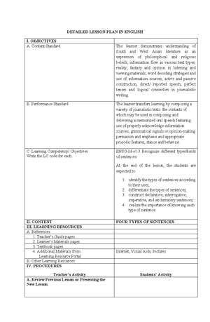 DLP format - this is example of DETAILED LESSON PLAN - I. OBJECTIVES A ...