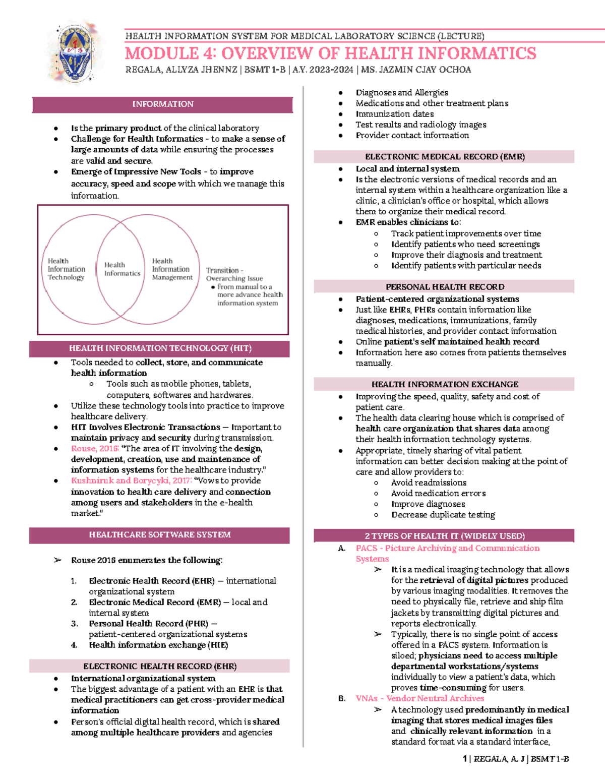 MThlthinfo Module 4 - HEALTH INFORMATION SYSTEM FOR MEDICAL LABORATORY SCIENCE (LECTURE) MODULE ...