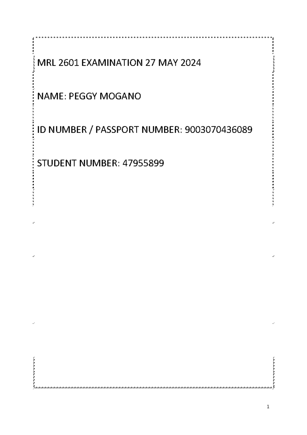 MRL 2601 EXAM 27 MAY 2024 - MRL 2601 EXAMINATION 27 MAY 2024 NAME ...