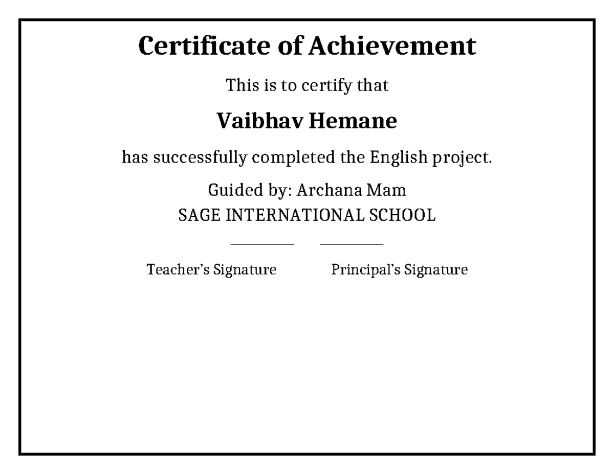 Certificate of Achievement - English B SL - Guided by: Archana Mam SAGE ...