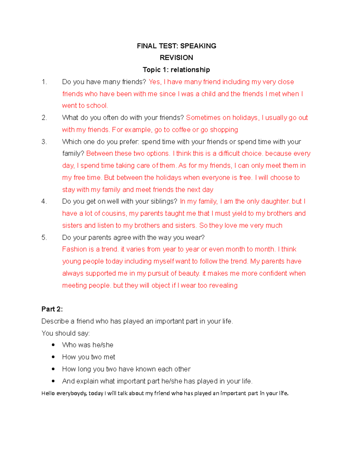 KNTH 3 Speaking Revision 13 - FINAL TEST: SPEAKING REVISION Topic 1 ...