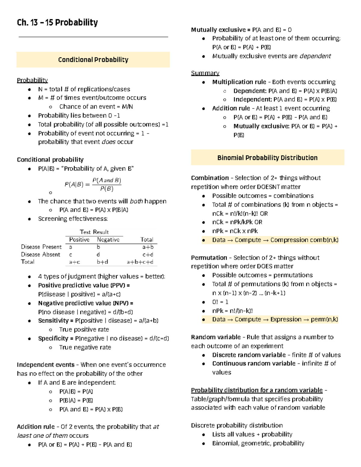STAT - Exam 2 notes - Ch. 13 - 15 Probability Conditional Probability ...