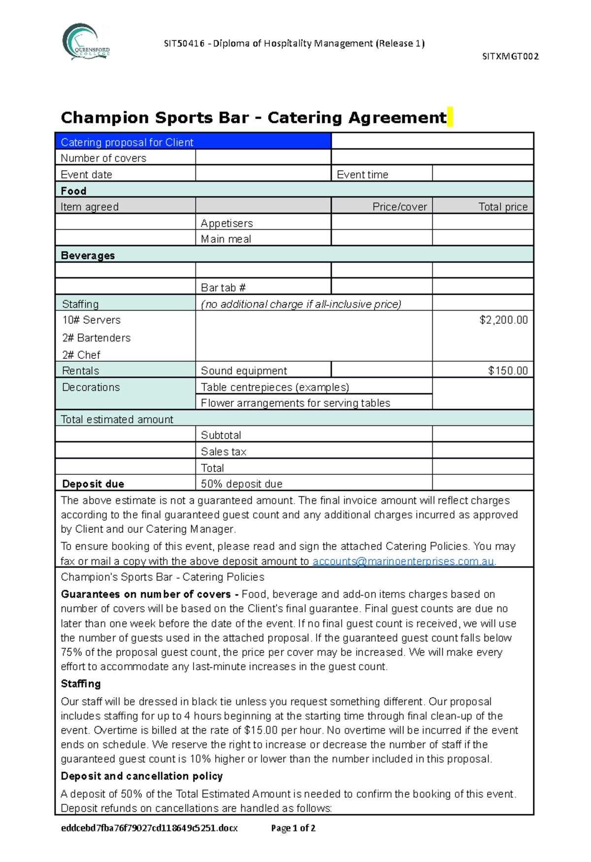 Sitxmgt 002 AT2 A3 Catering agreement V2 - SIT50416 - Diploma of ...