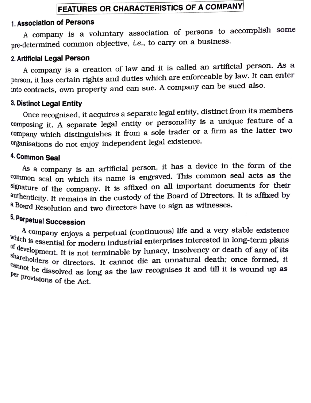 Features of a company - Unique notes. - Bachelor of Commerce - Studocu