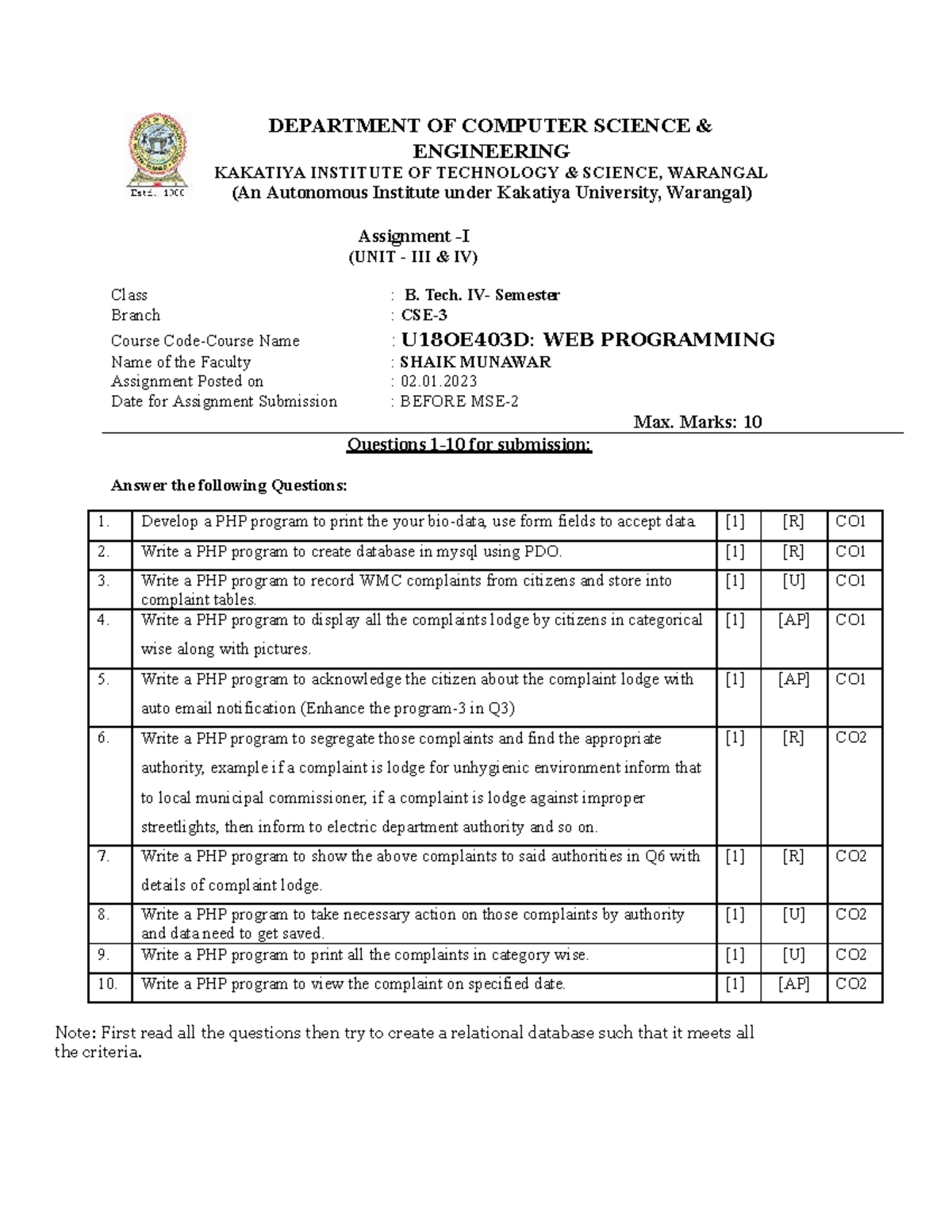 Assignment 2 QP 2022 23 - DEPARTMENT OF COMPUTER SCIENCE & ENGINEERING ...