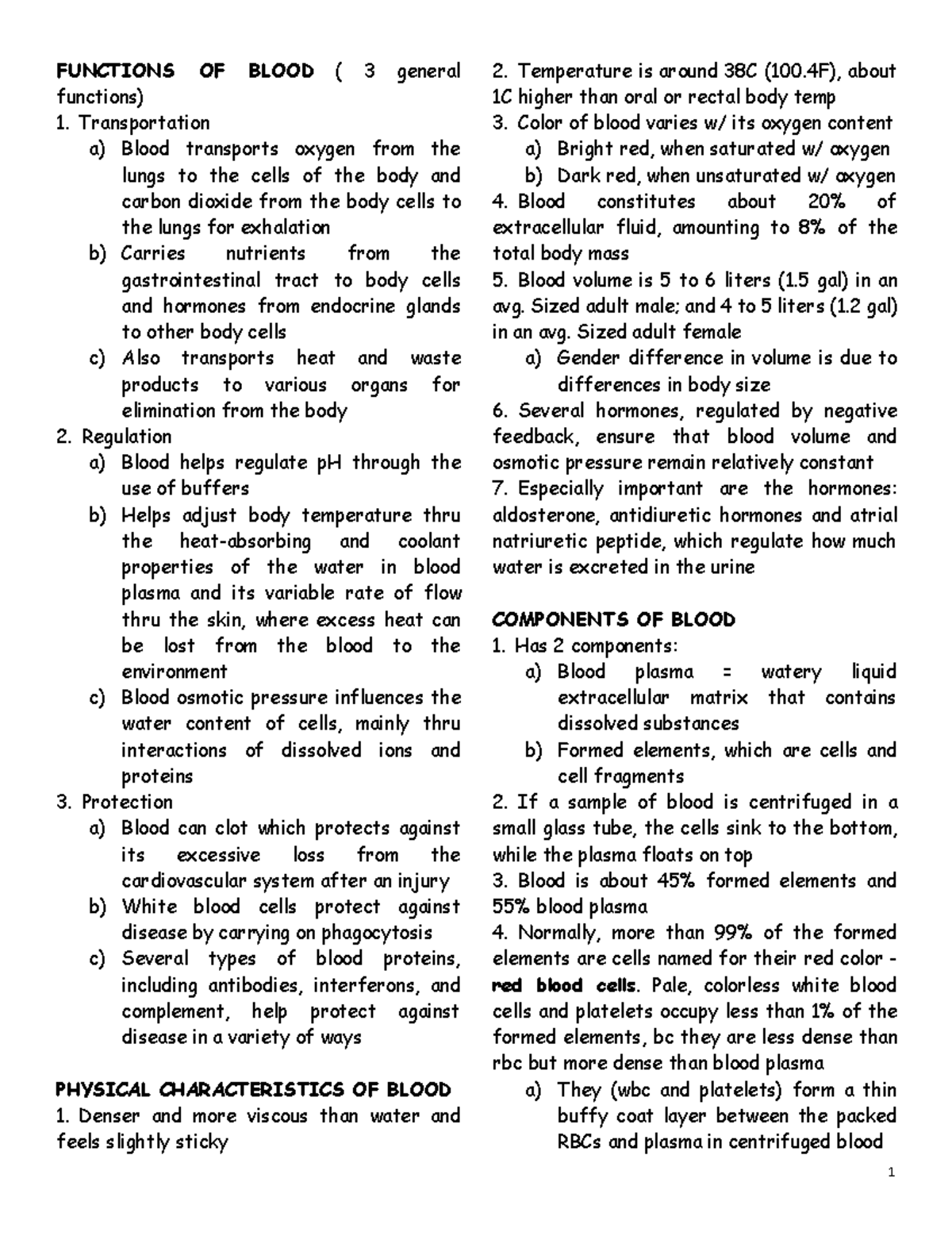 Blood - Notes - FUNCTIONS OF BLOOD ( 3 general functions ...