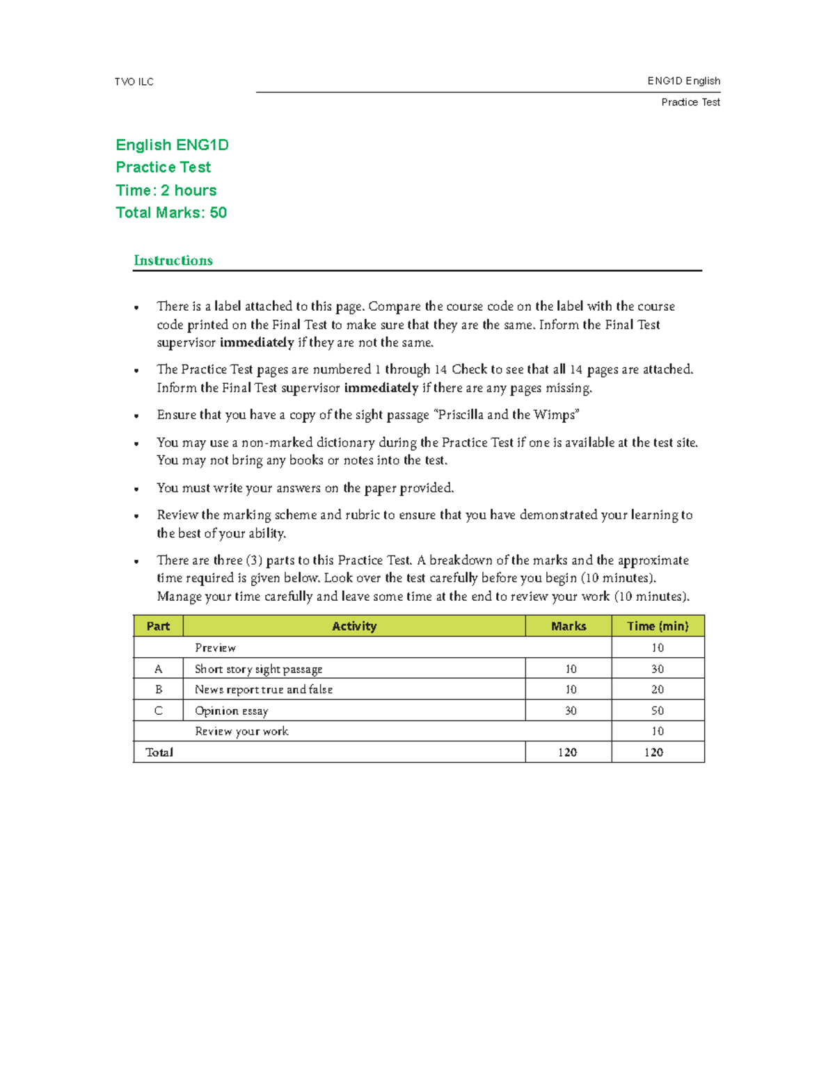 ENG1D - Practice Test - assignmnet - English ENG1D Practice Test Time ...