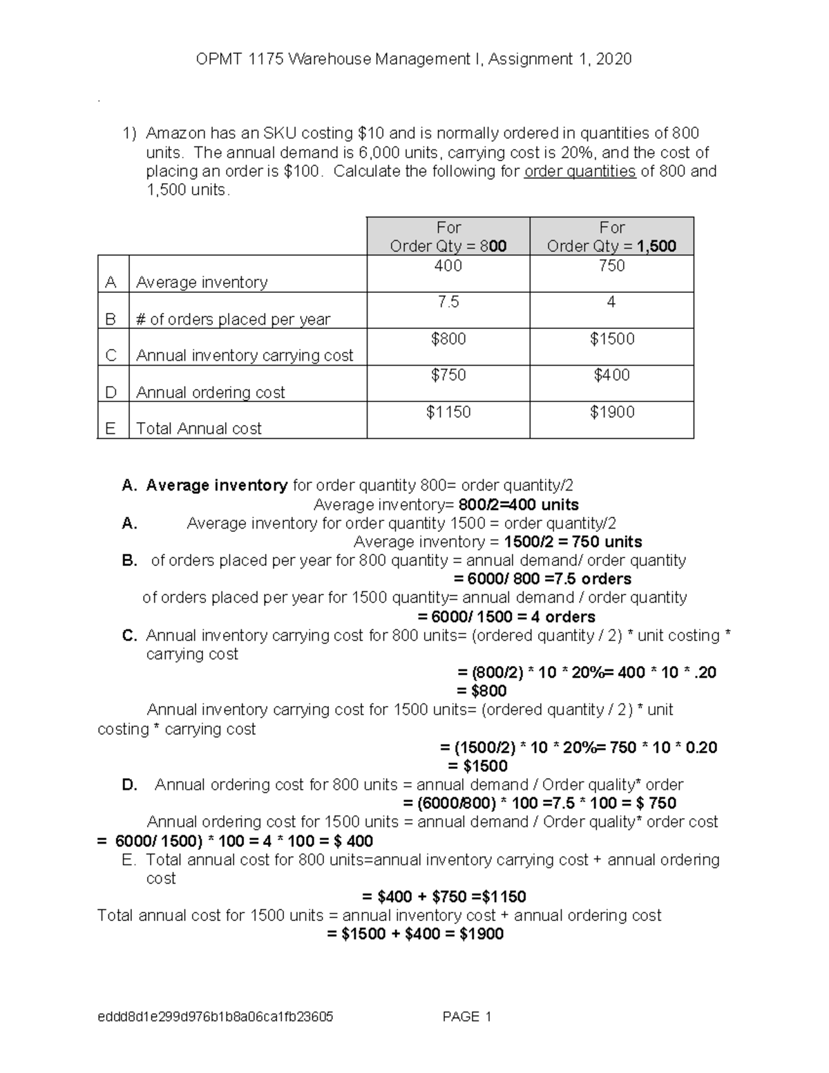 1175 - assign 1 - 2020 - OPMT 1175 Warehouse Management I, Assignment 1, 2020 . Amazon has an ...