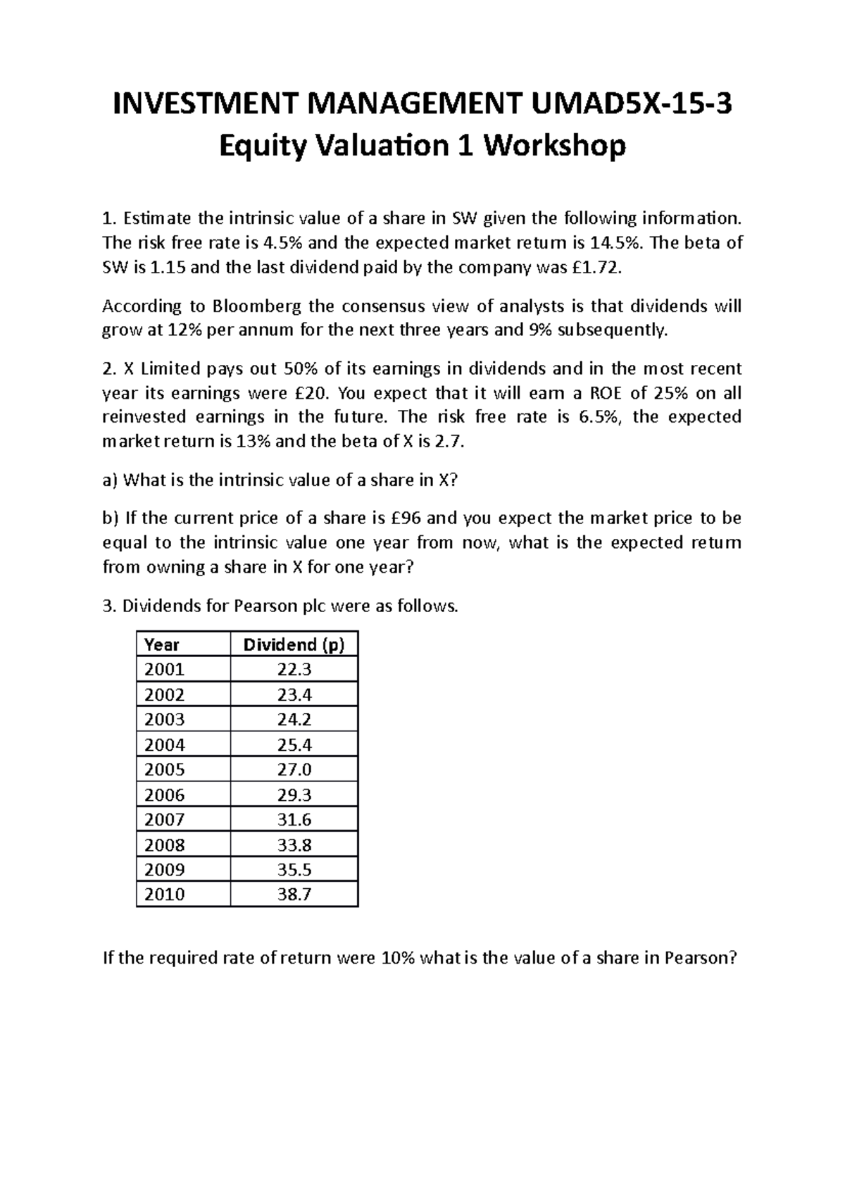 Equity Valuation 1 Questions - INVESTMENT MANAGEMENT UMAD5X-15- Equity ...