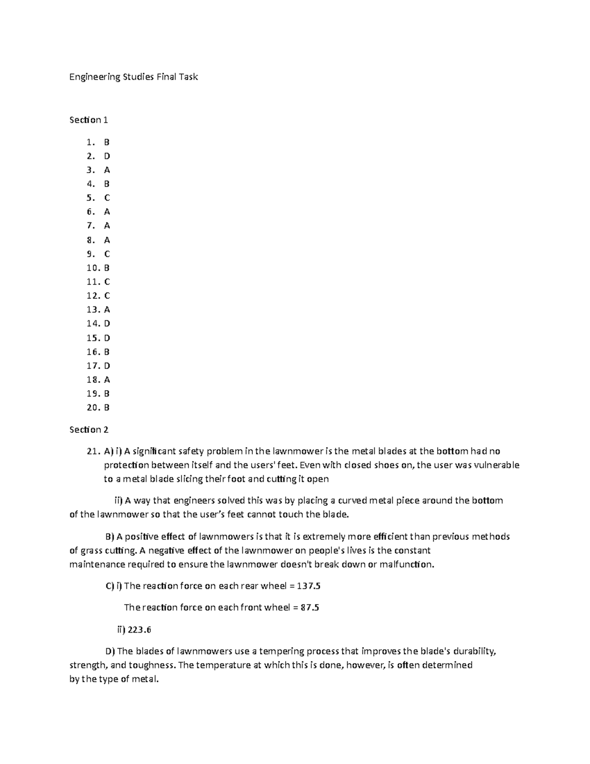 ENgineering FInal Task - Engineering Studies Final Task Section 1 B D A ...