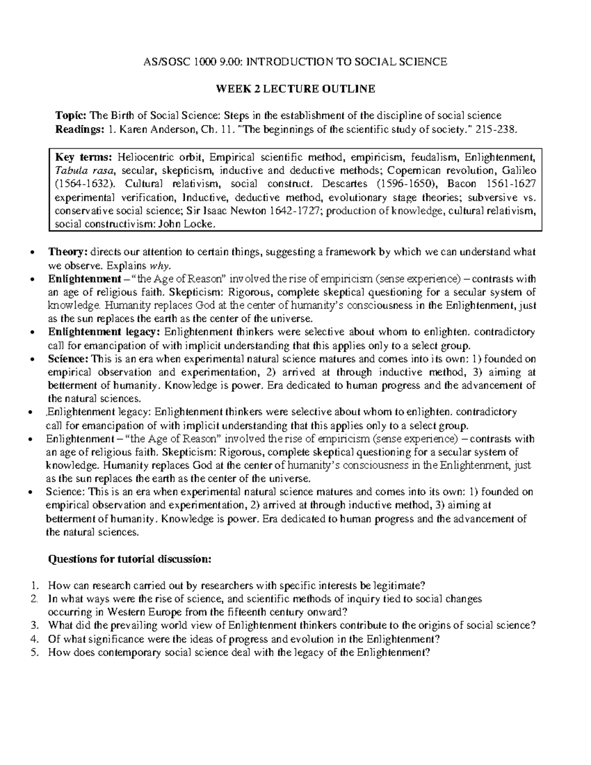 Lecture 2 Outline Anderson, Birth of Social Science - AS/SOSC 1000 9 ...