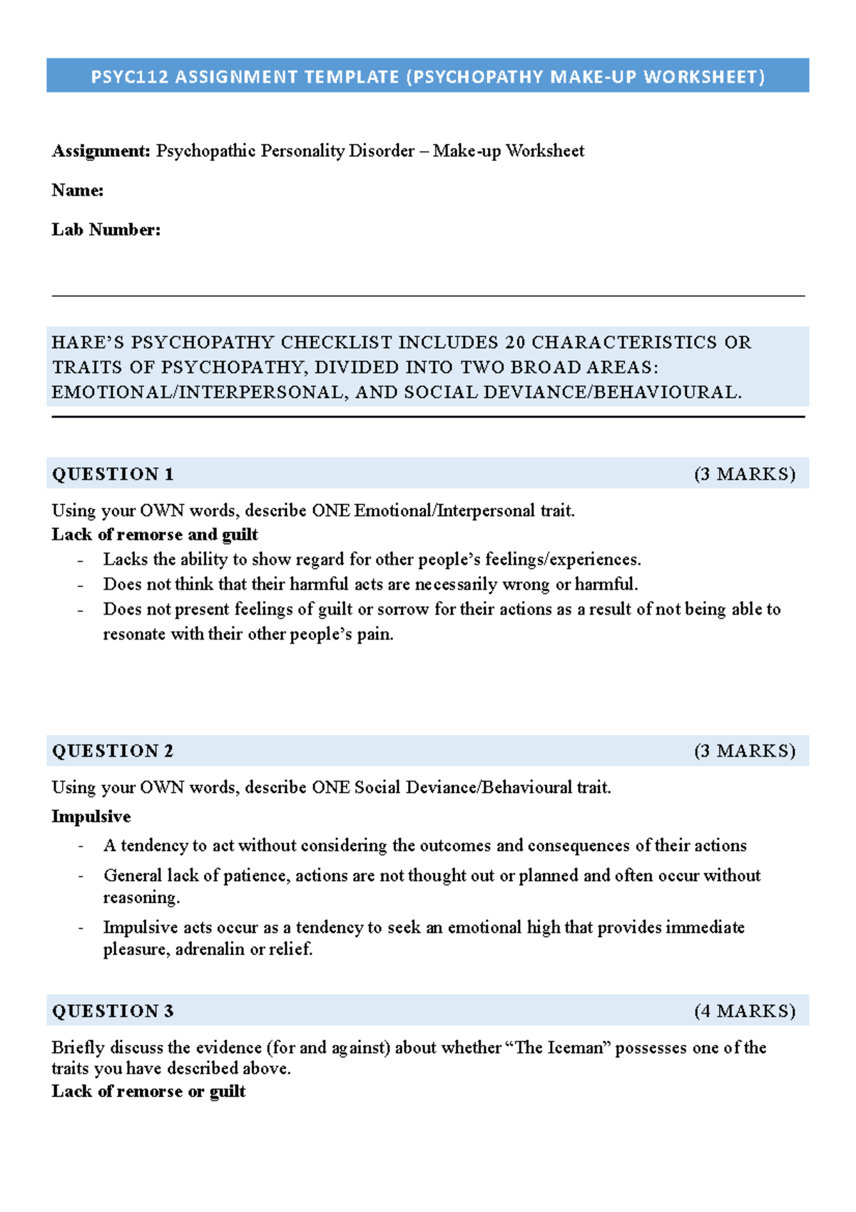 Psychopathic personality worksheet - Human Thought and Behaviour ...