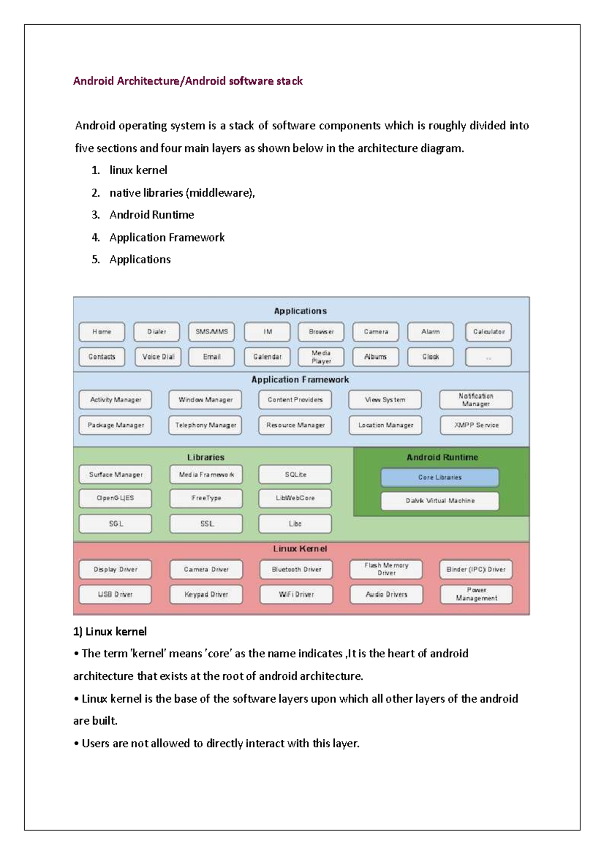Module 1 Android programming - Android Architecture/Android software stack Android operating ...