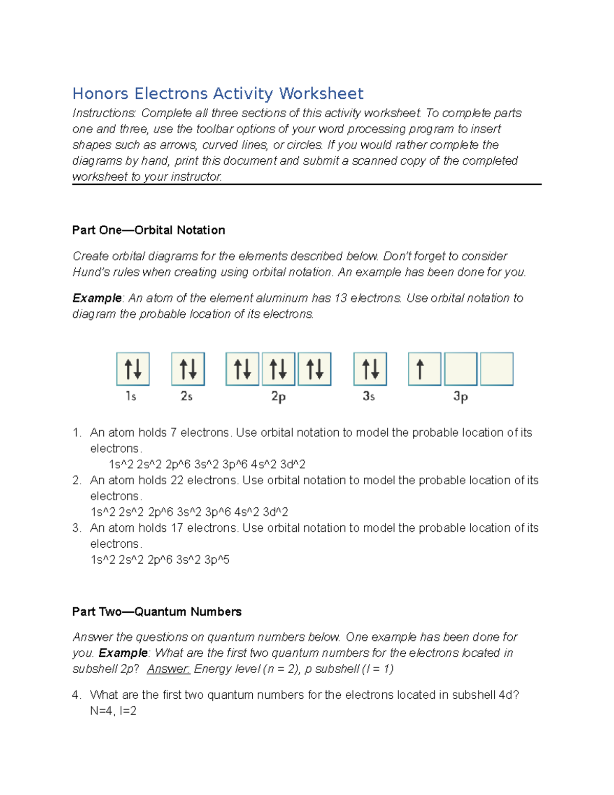 Honors electrons activity - To complete parts one and three, use the ...