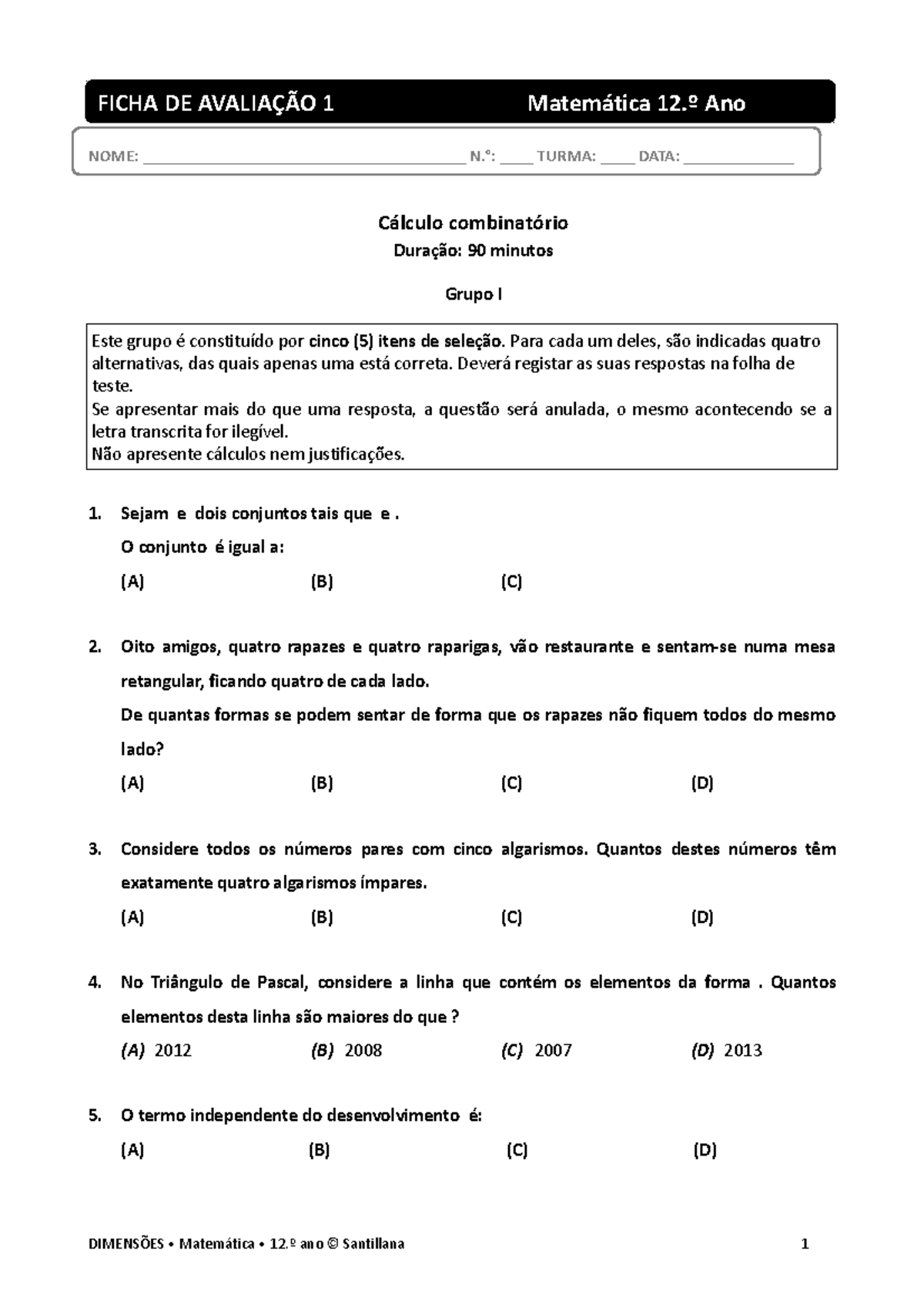 Santillana MAT12 Ficha Avaliacao 1final - FICHA DE AVALIAÇÃO 1 ...