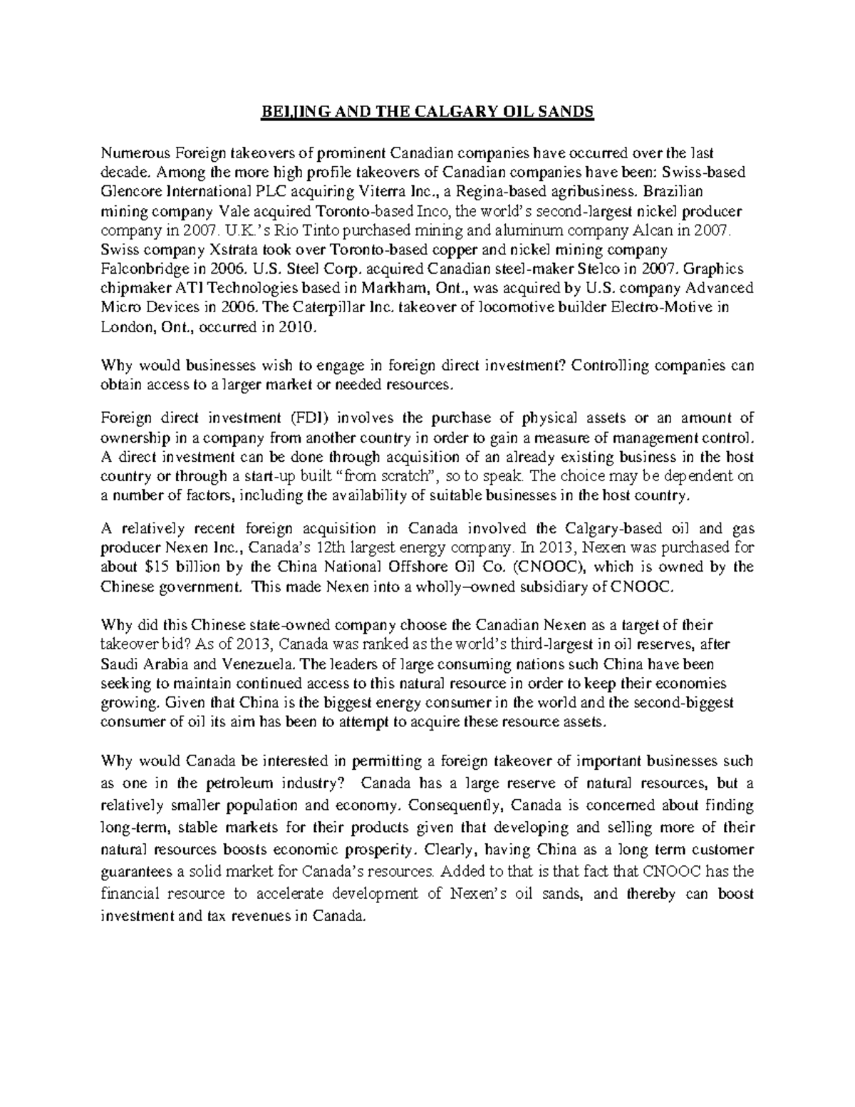 Case - Global Chapter - Beijing and the Calgary Oil Sands - BEIJING AND ...