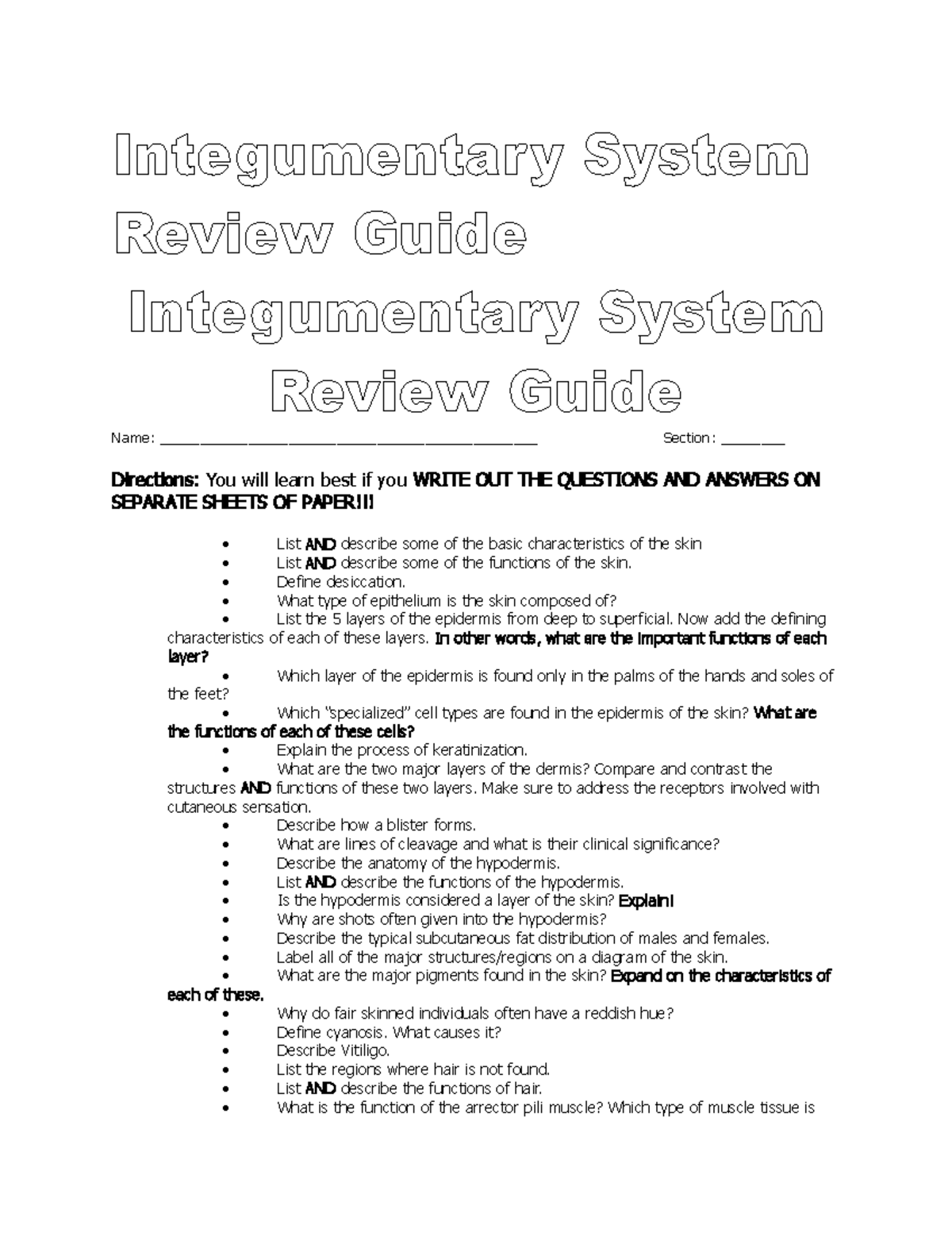 Integumentary System Review Guide - Integumentary System Review Guide ...