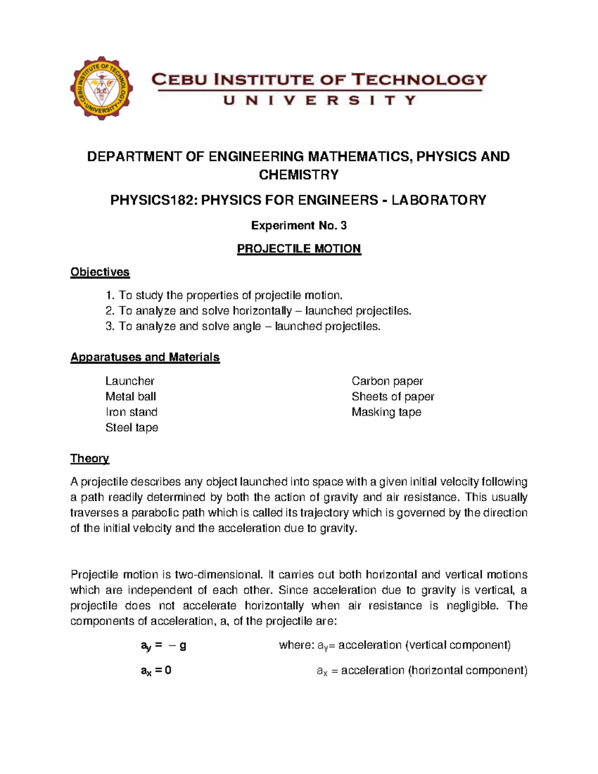 PHYS182 E3 Projectile Motion - DEPARTMENT OF ENGINEERING MATHEMATICS ...