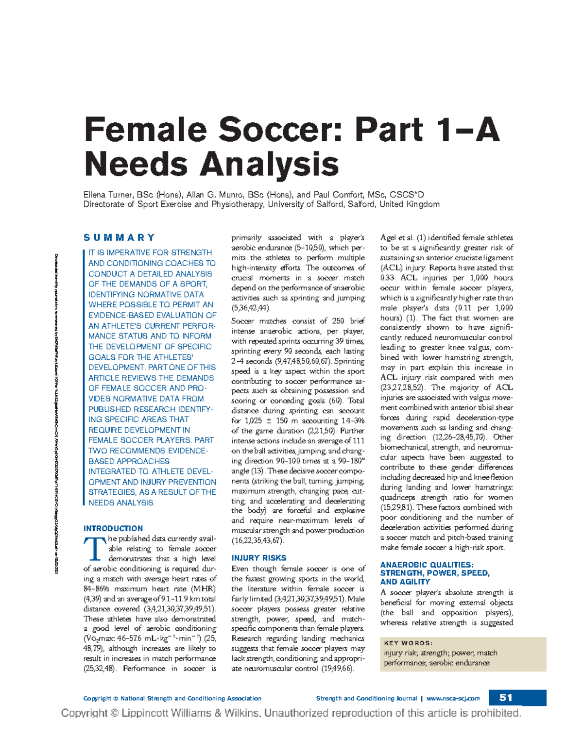 Female Soccer Part 1 A Needs Analysis - Downloaded from journals.lww/nsca-scj by - Studocu
