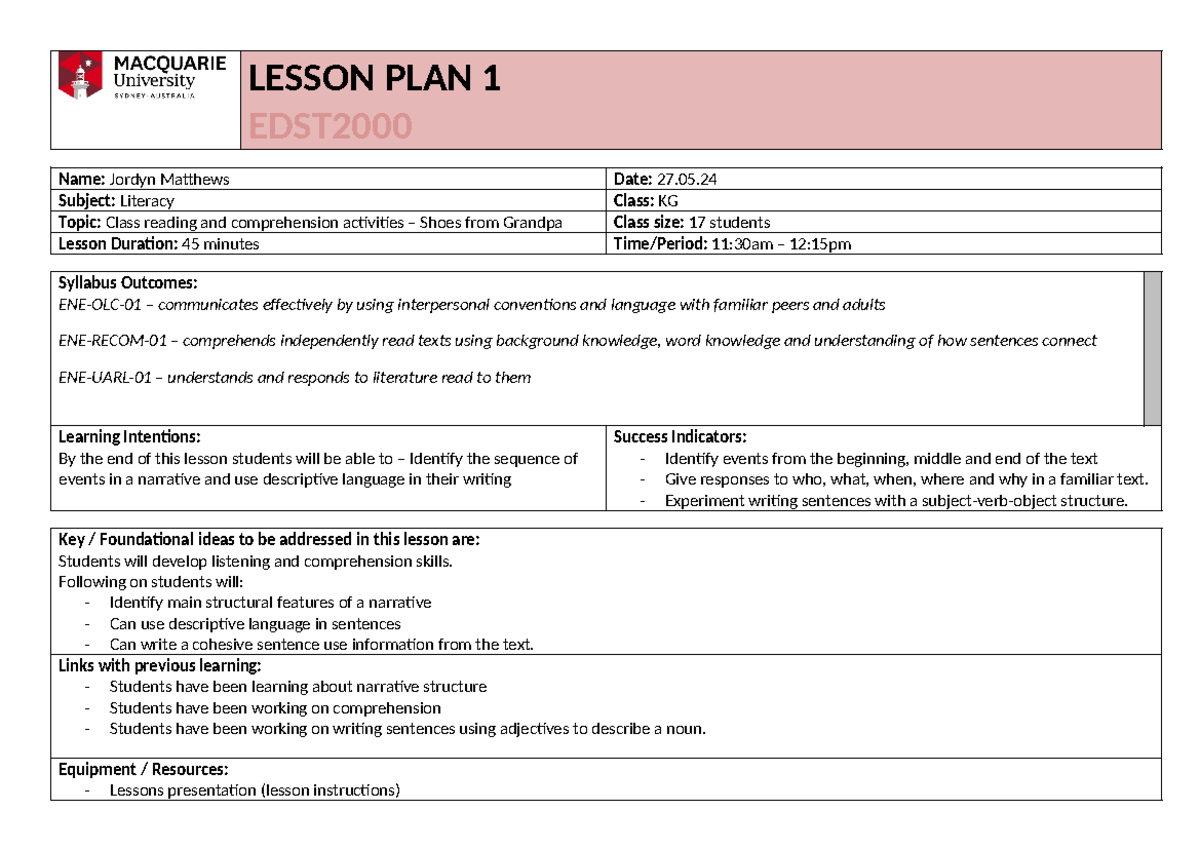 L1 EDST2000 - Lesson Plan Template 2023 - LESSON PLAN 1 EDST Name ...