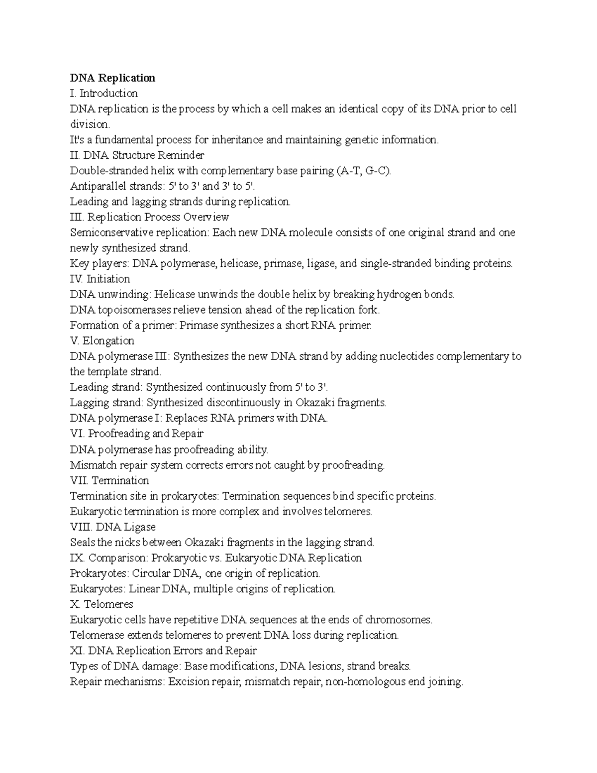 DNA replication outline notes - DNA Replication I. Introduction DNA ...