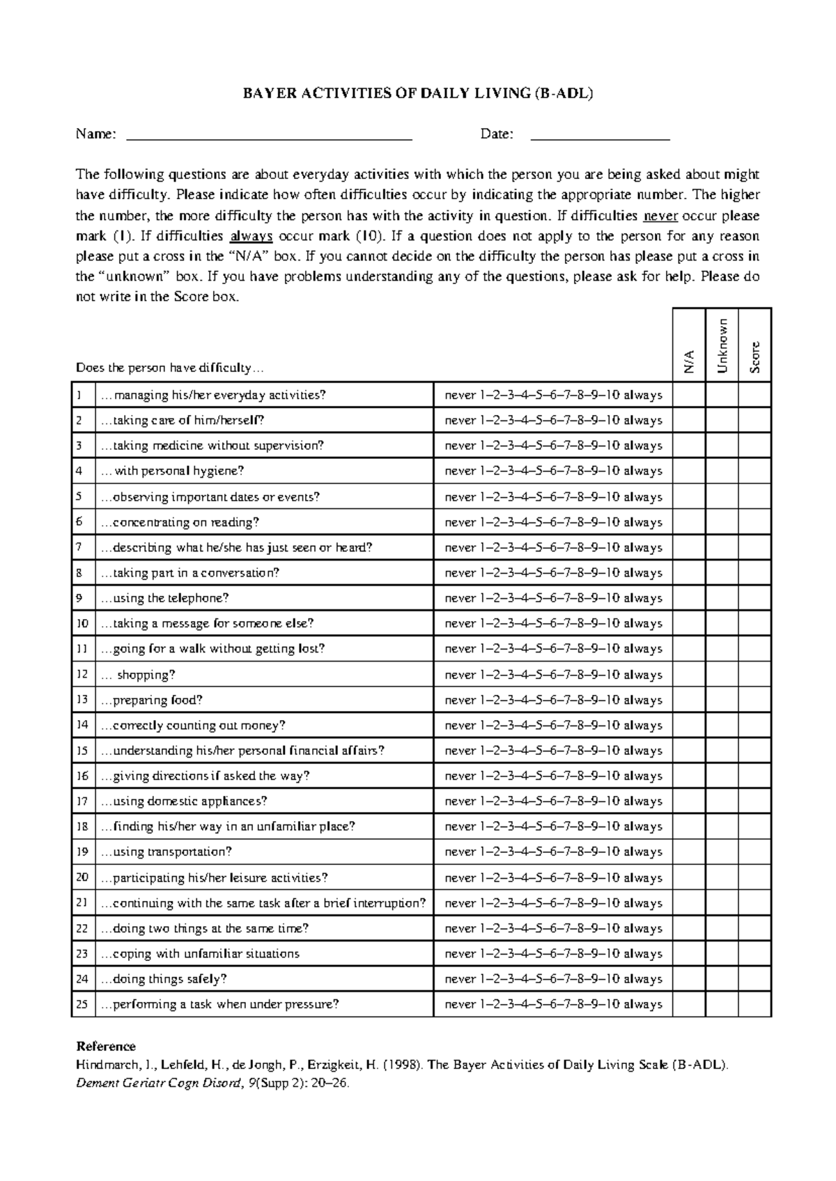 B-ADL - badl - BAYER ACTIVITIES OF DAILY LIVING (B-ADL) Name