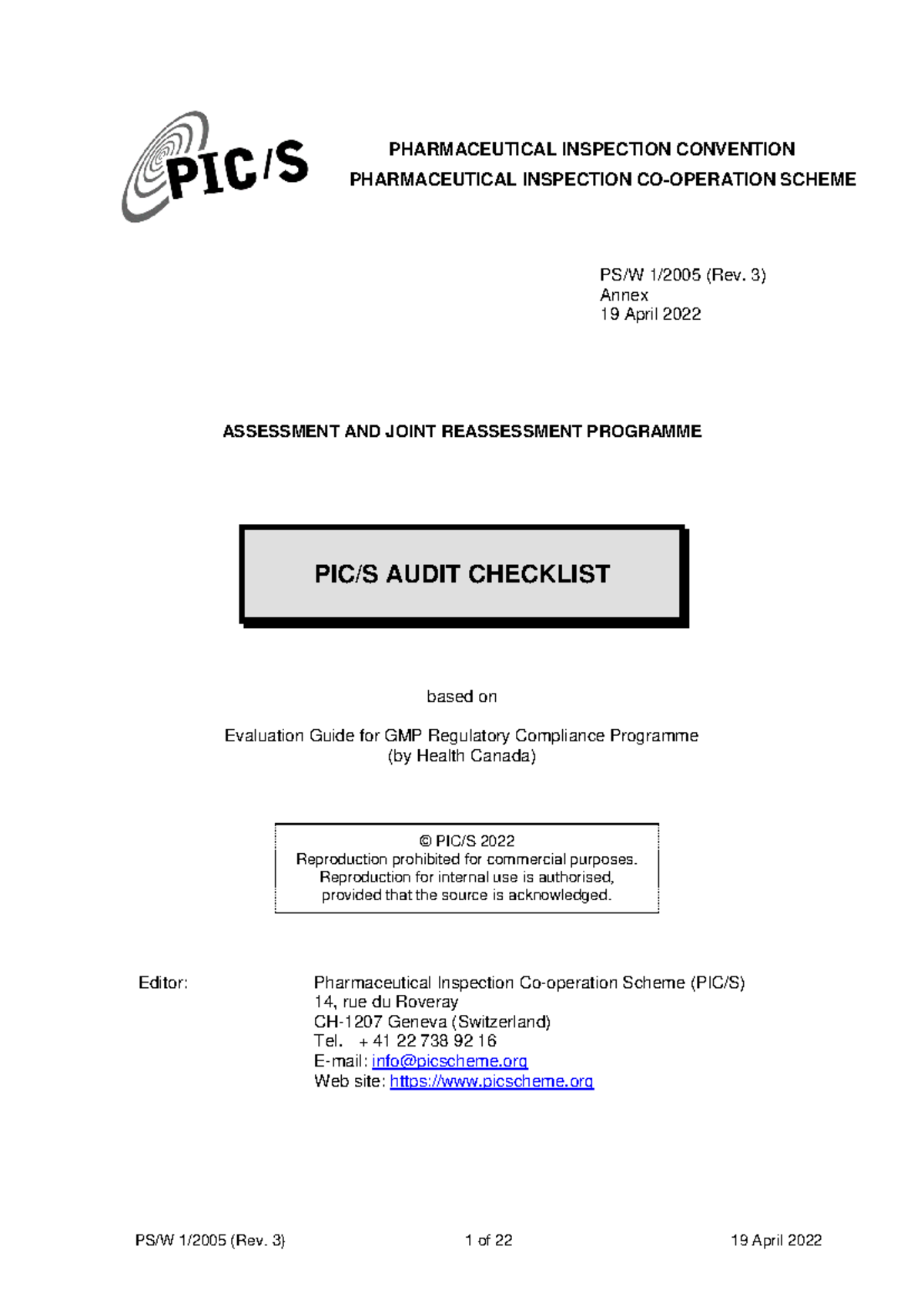 PS W 01 2005 (Rev 3) Audit Checklist - PHARMACEUTICAL INSPECTION ...