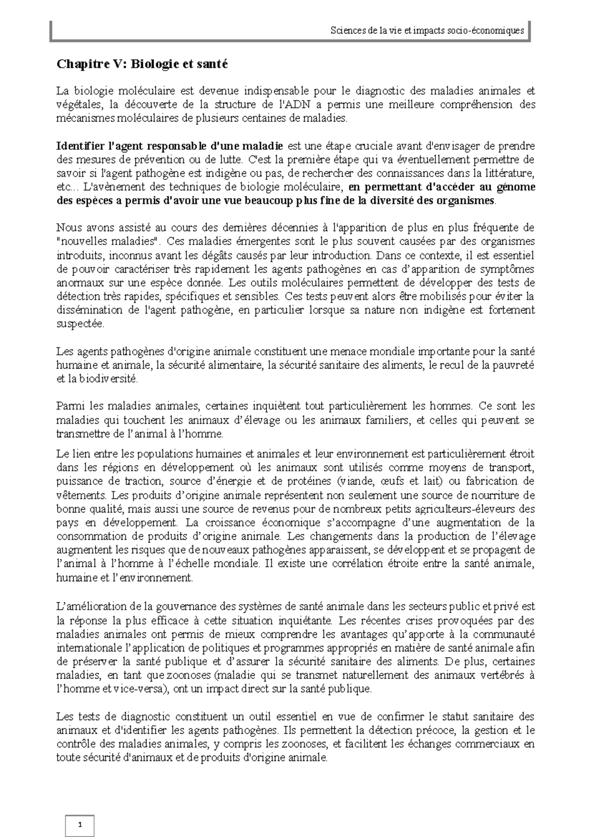 Chapitre 5 Sciences de la vie et impacts socio-économiques - 1 Sciences de la vie et impacts ...