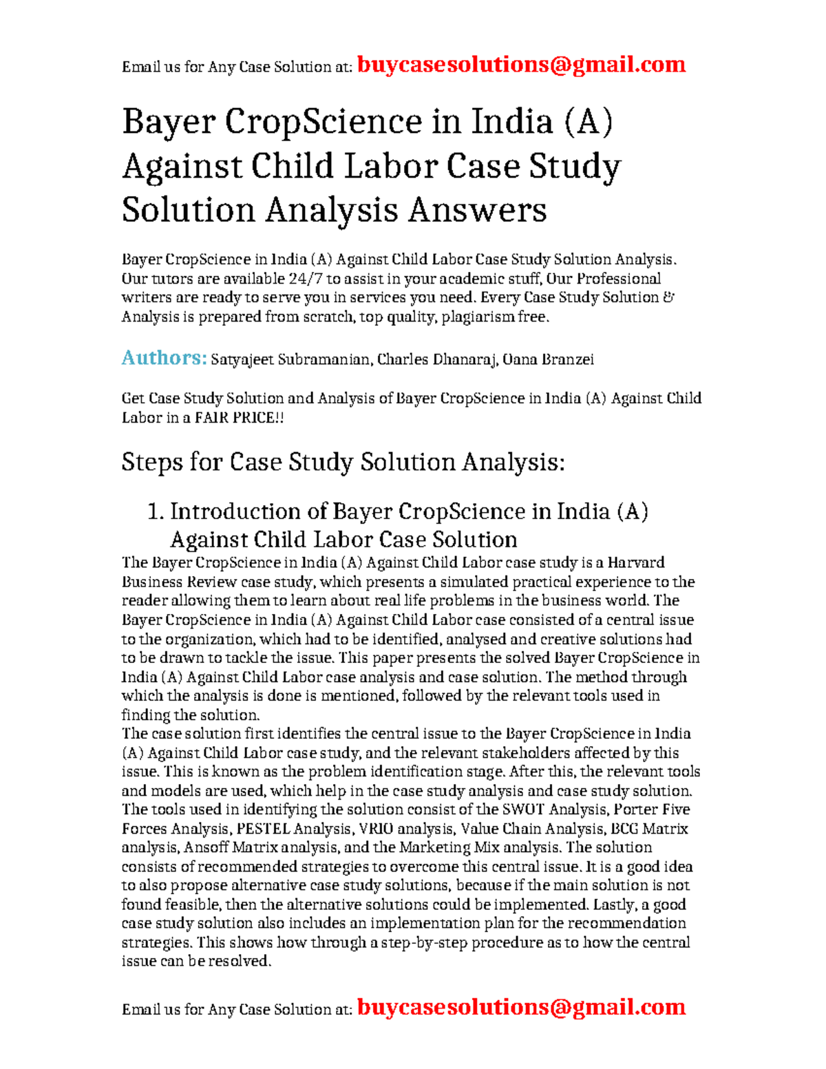 Case Solution Bayer CropScience in India (A) Against Child Labor ...