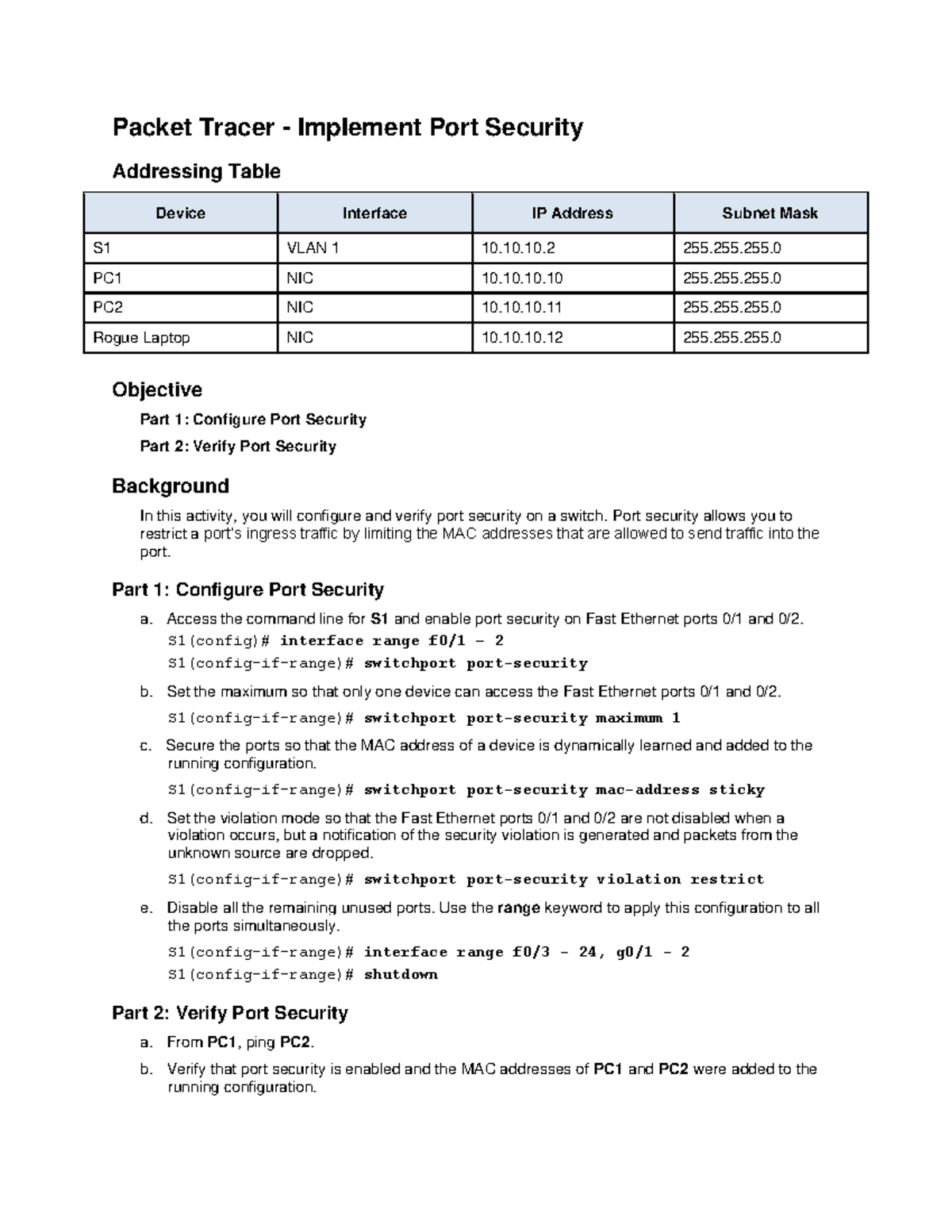 11.1.10 Answer It - Packet Tracer - Implement Port Security Addressing ...