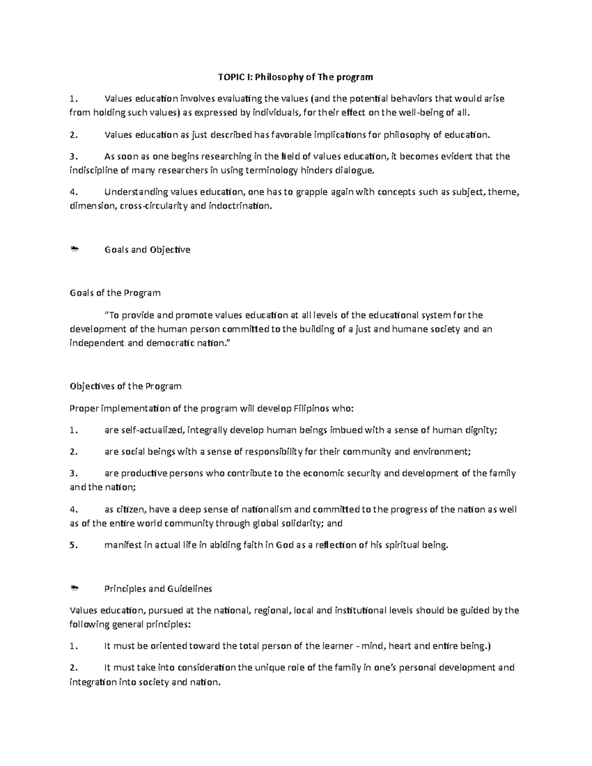 Values Ed. 2 Lecture - TOPIC I: Philosophy of The program Values ...