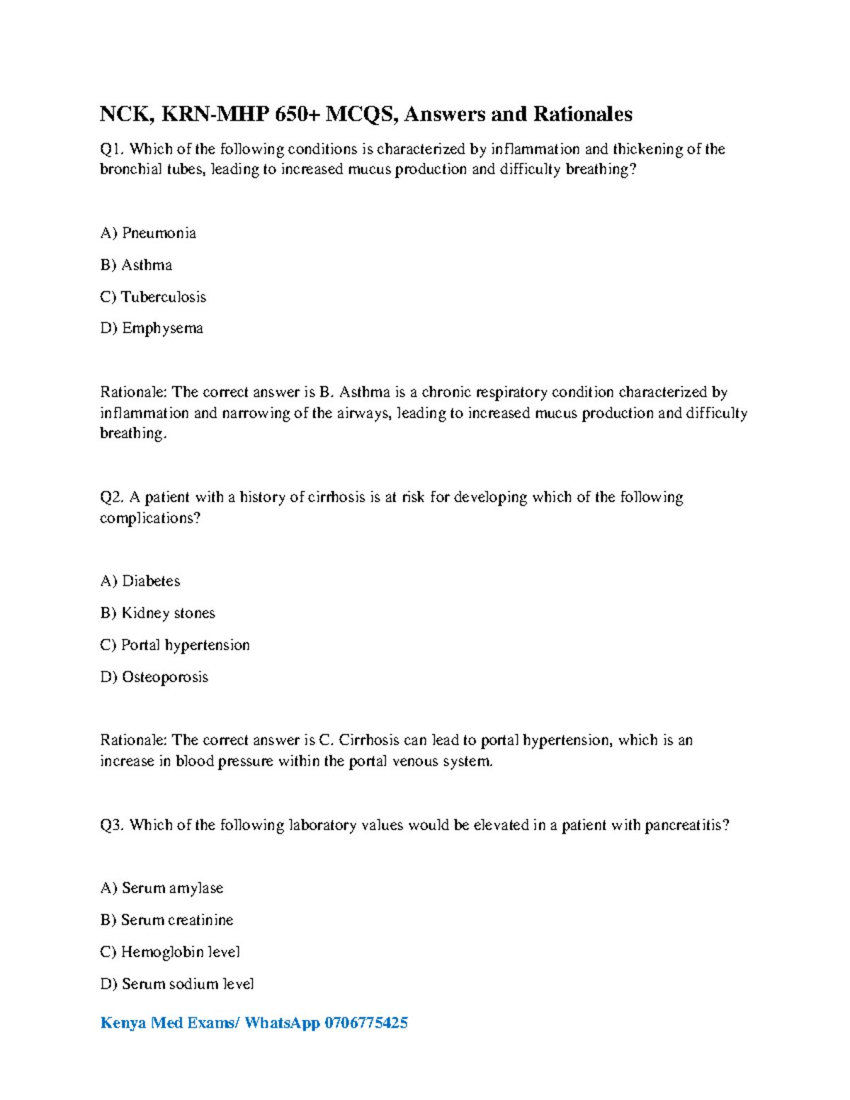 NCK, KRN-MHP 650+ MCQS, Answers and Rationales - NCK, KRN-MHP 65 0 ...