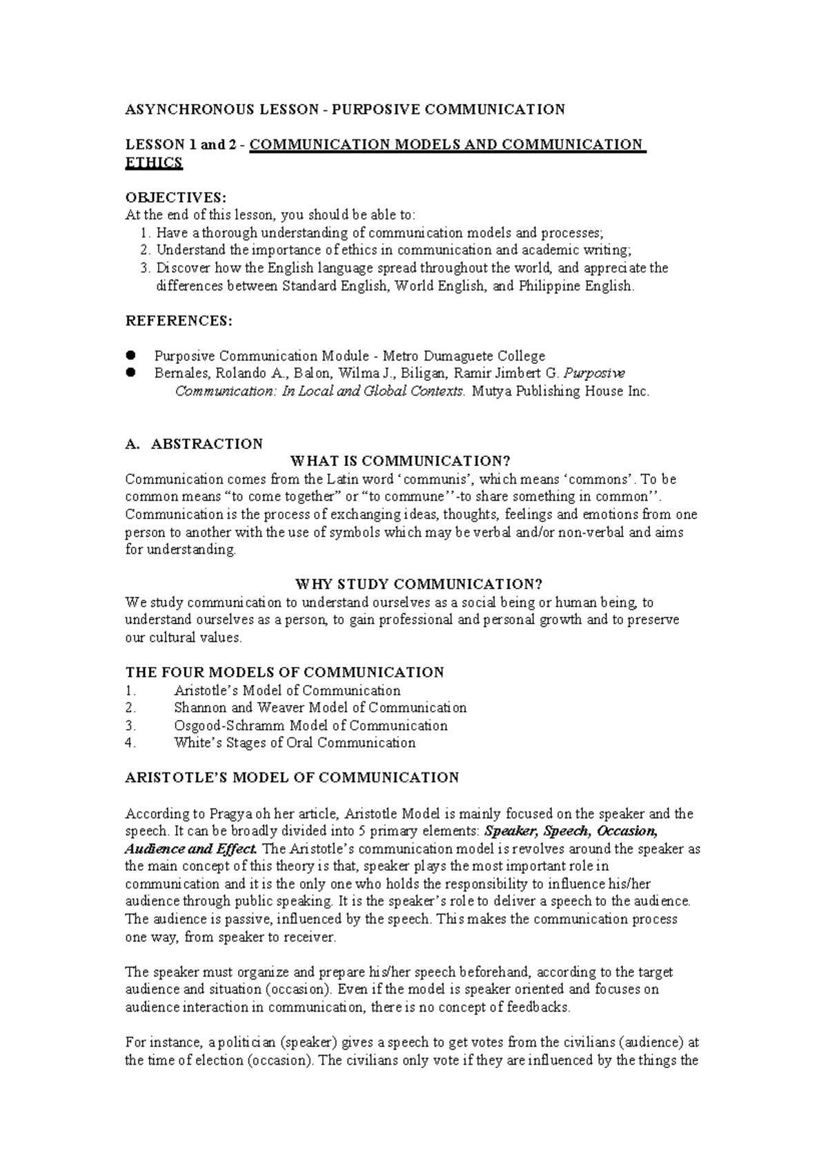 PURP COMM Asynch Class Lesson 1 2 - ASYNCHRONOUS LESSON - PURPOSIVE COMMUNICATION LESSON 1 and 2 ...