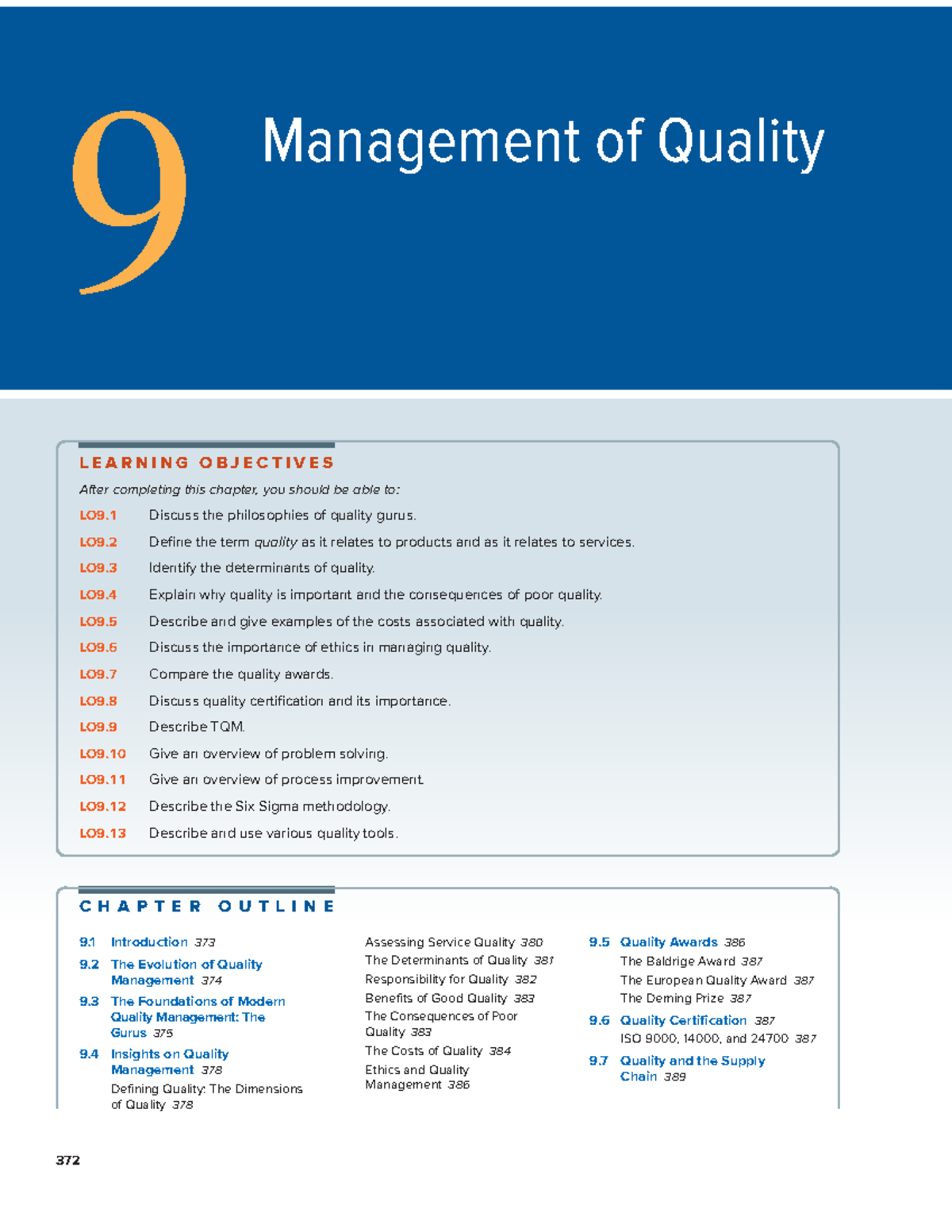 Chapter 9 - 372 9 Management of Quality L E A R N I N G O B J E C T I V ...