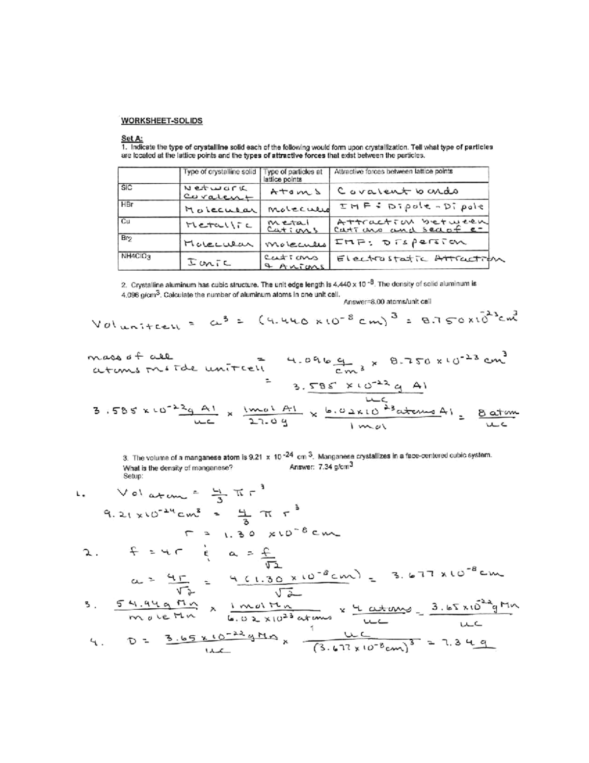 Solids Worksheet Answer Key - CHEM A104 - Studocu