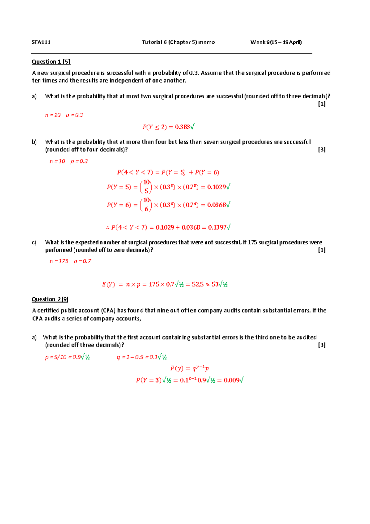 Tutorial 6 Ch 5 Week 8 15 - 19 April 2024 memo - STA111 Tutorial 6 (Chapter 5) memo Week 9 (15 ...