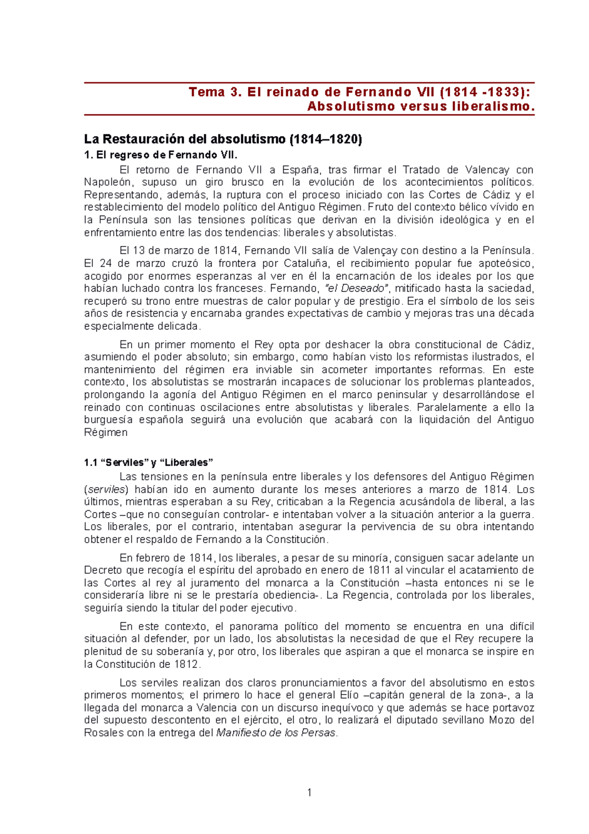 Tema 03 El reinado de Fernando VII - Tema 3. El reinado de Fernando VII (1814 -1833 ...