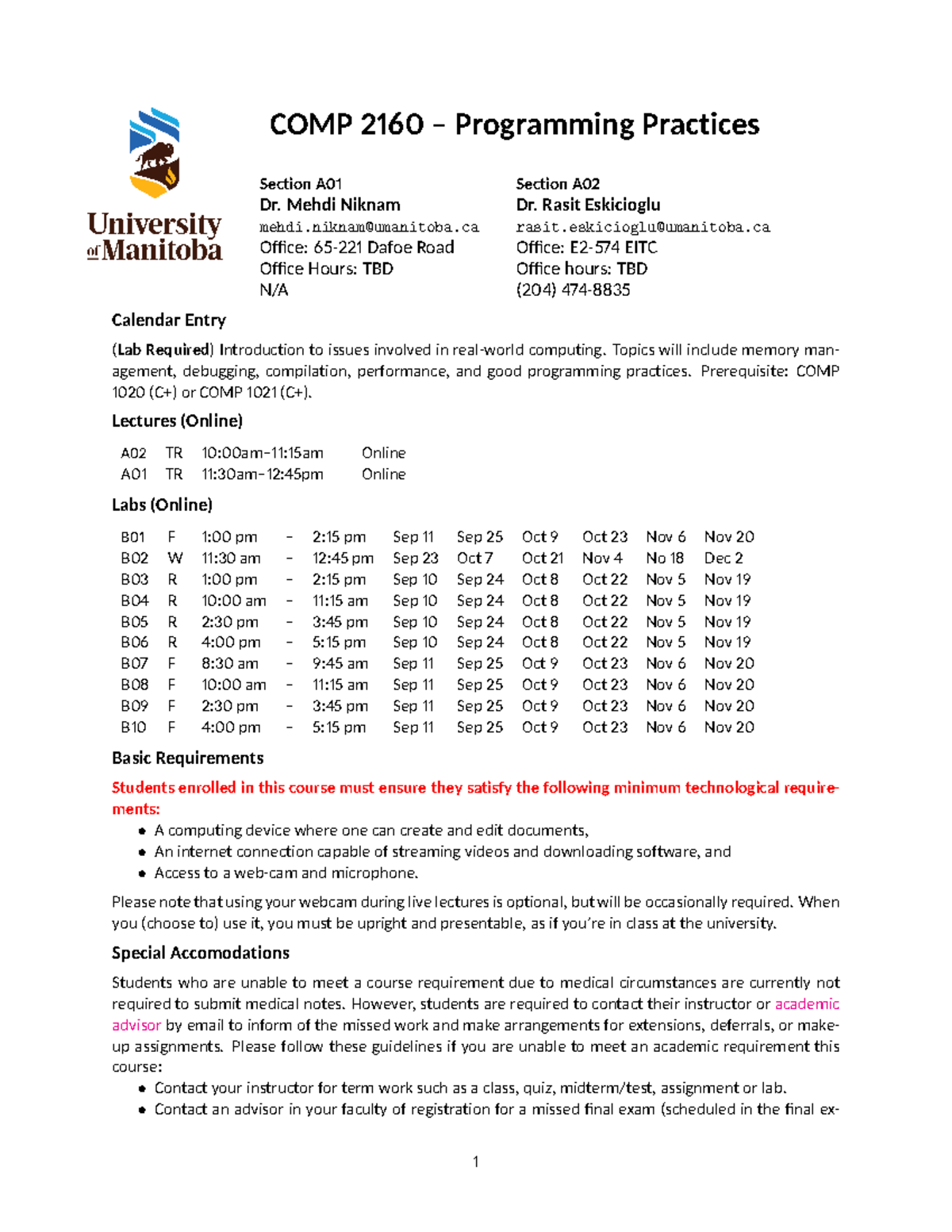 Roass Comp 2160 F2020 Ouline Comp 2160 Programming Practices Section A01 Section A Dr 8572