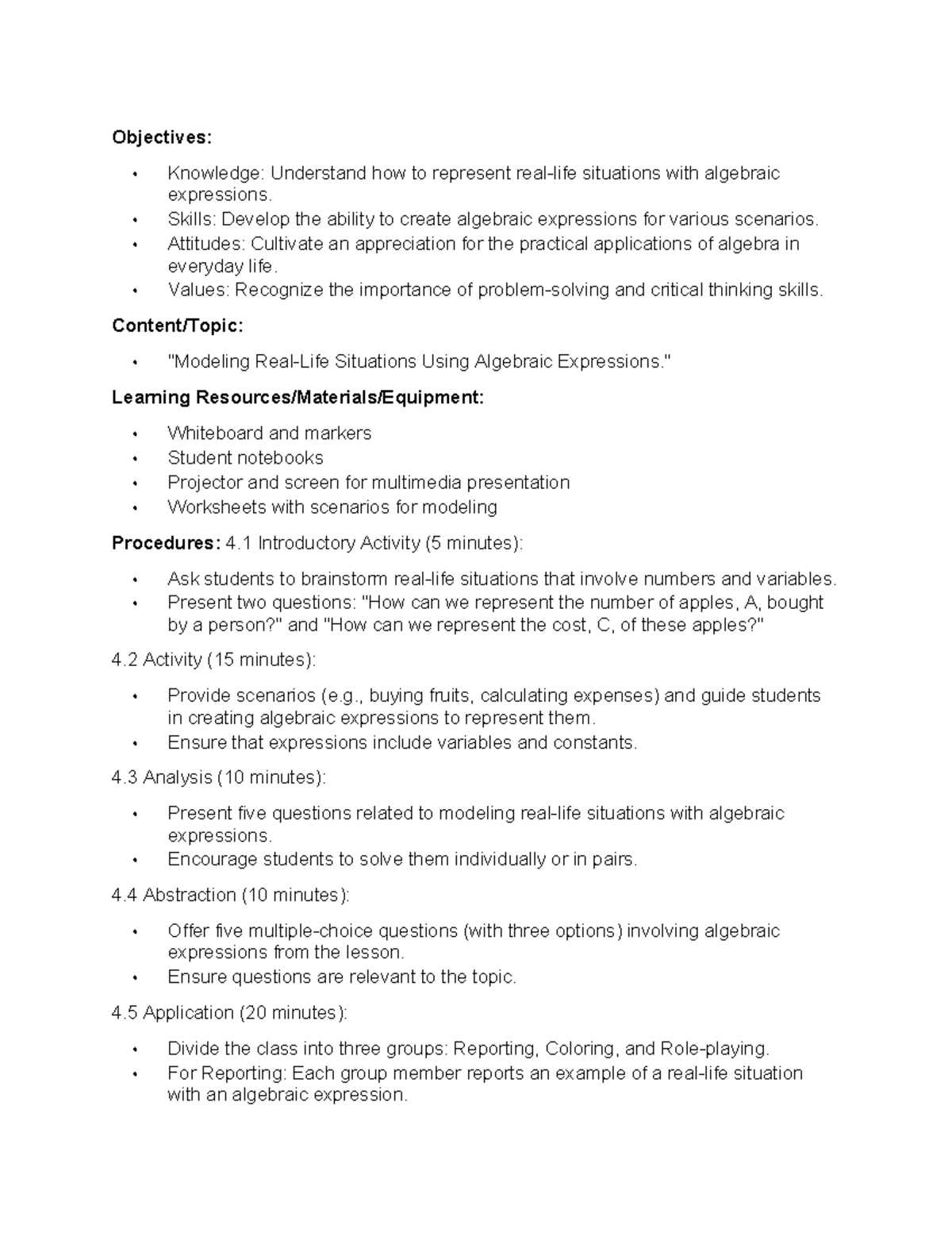 Modeling Real-Life Situations Using Algebraic Expressions - Objectives ...