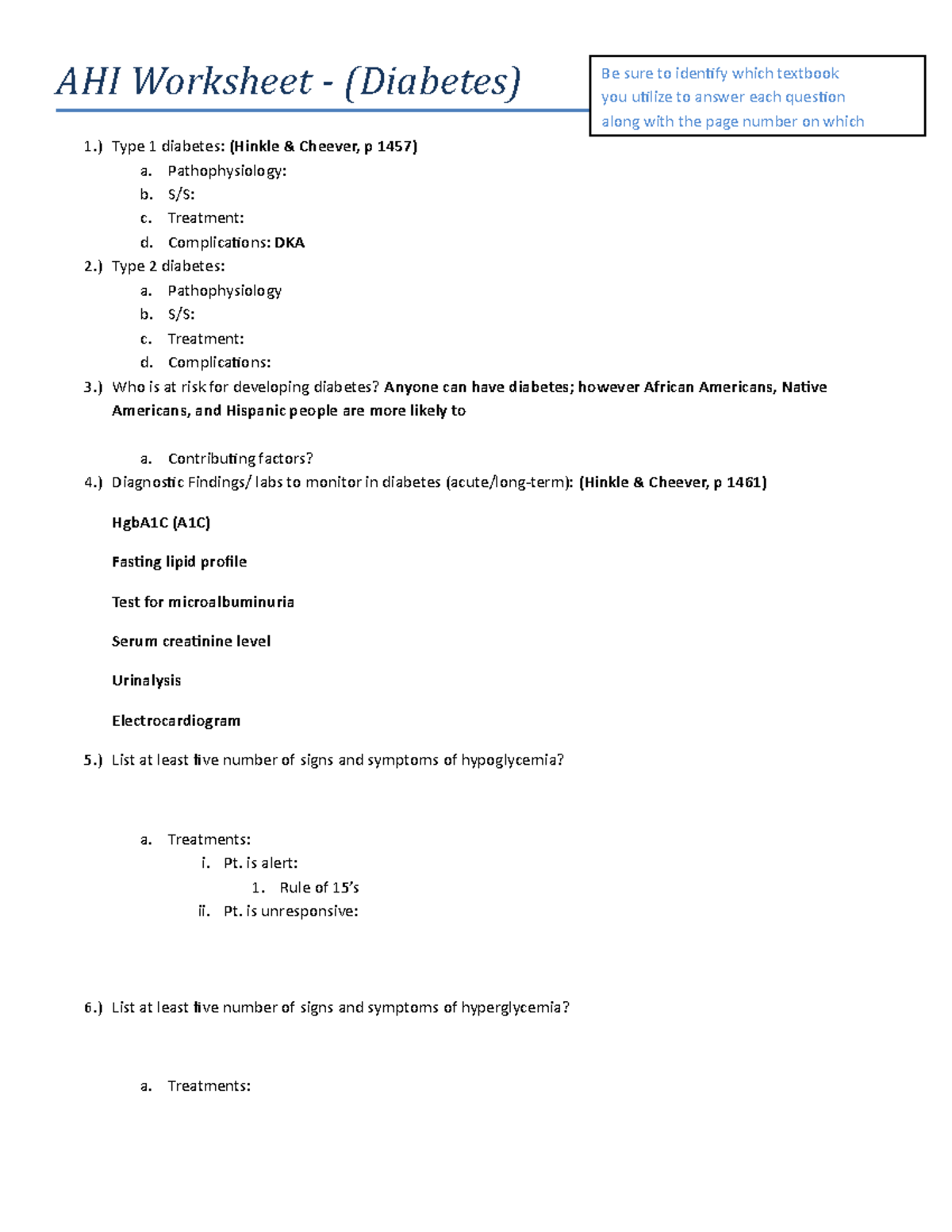 Week 1 worksheet Spring - Diabetes - AHI Worksheet - (Diabetes) 1 ...