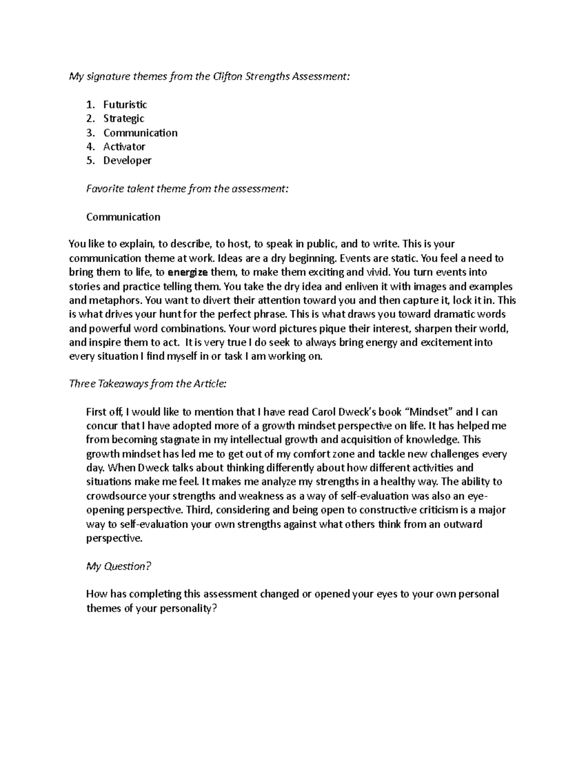 My signature themes from the Clifton Strengths Assessment - My ...