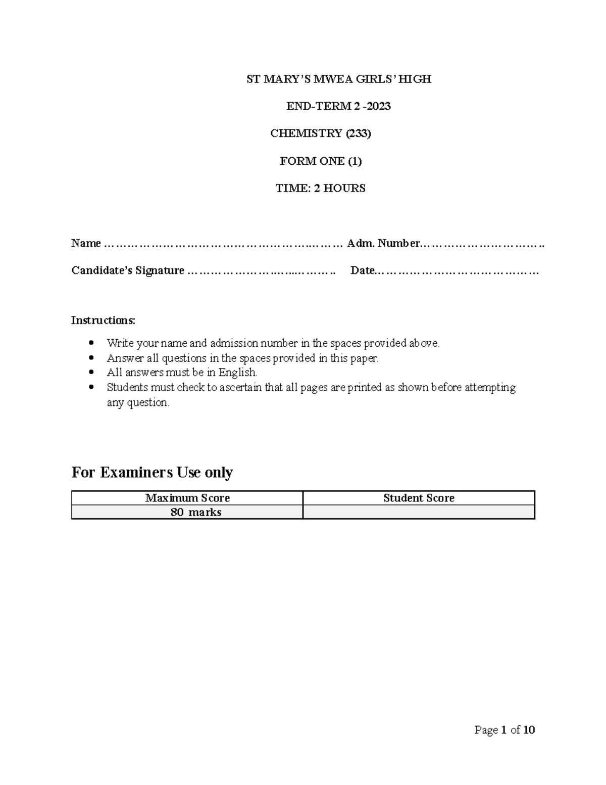 Form 1 exam - none - Bed science - KYU - Studocu