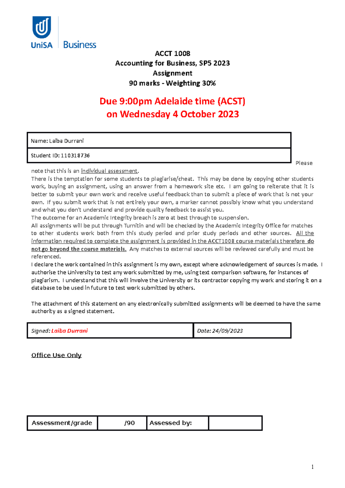 ACCT 1008 SP5 2023 Assignment - ACCT 1008 Accounting for Business, SP5 ...